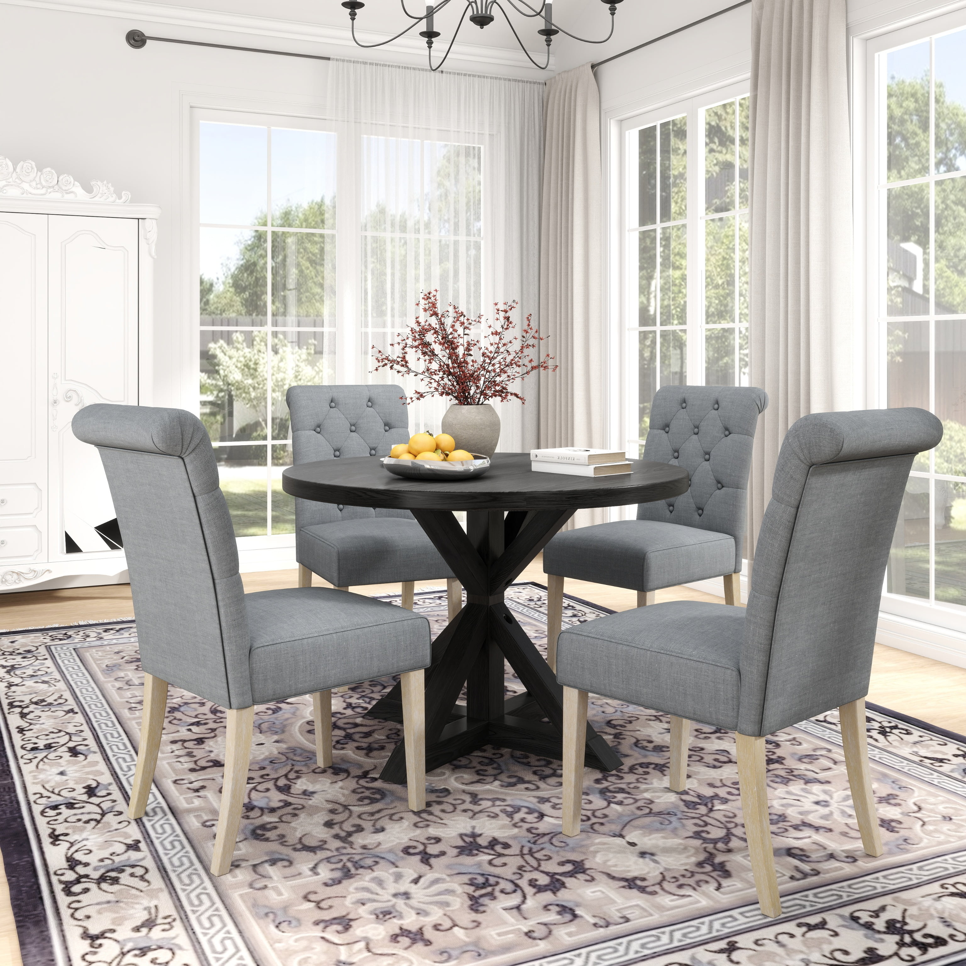 Roundhill Furniture Banff 5-Piece Dining Set, Cross-Buck Round Table ...