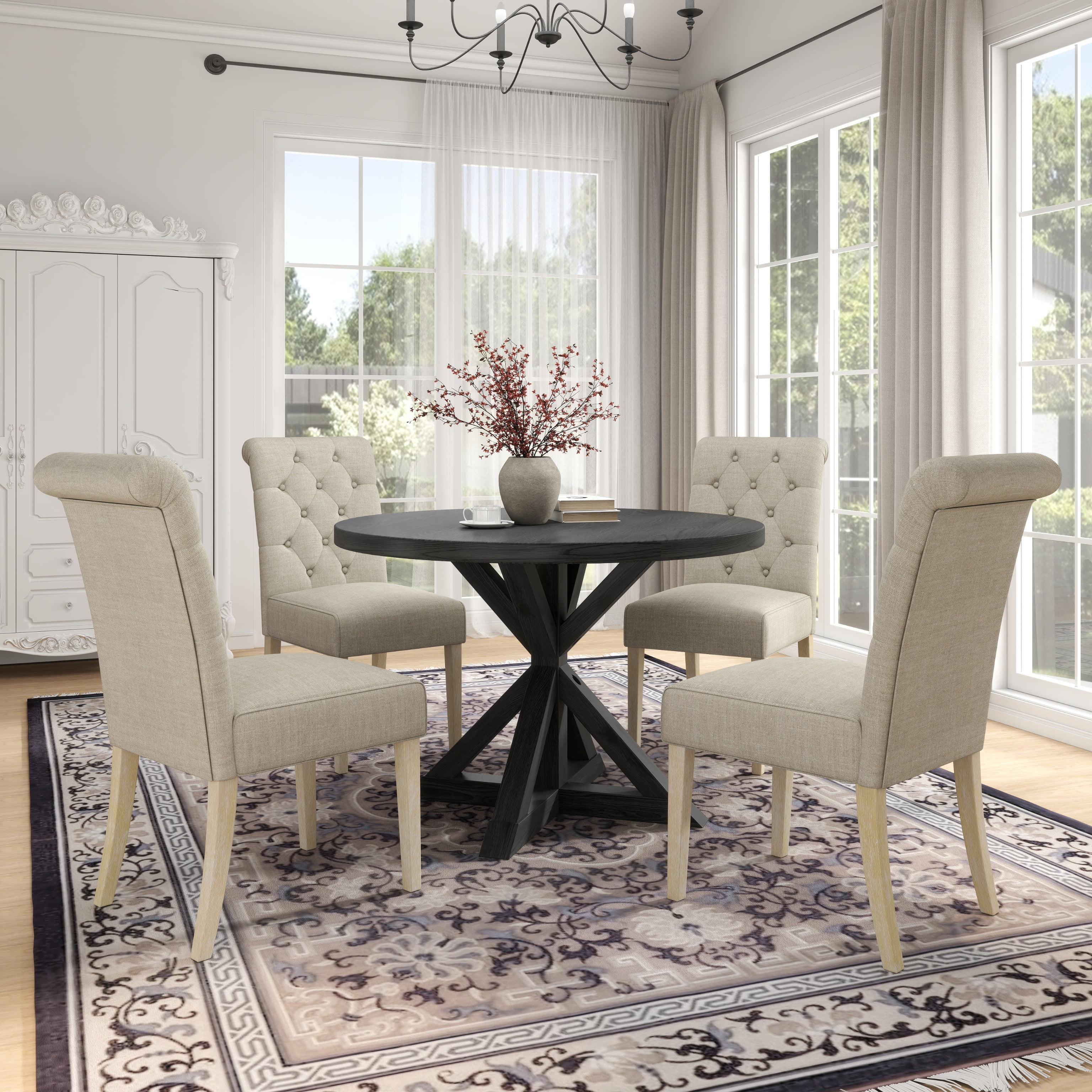 Roundhill Furniture Banff 5-Piece Dining Set, Cross-Buck Round Table ...