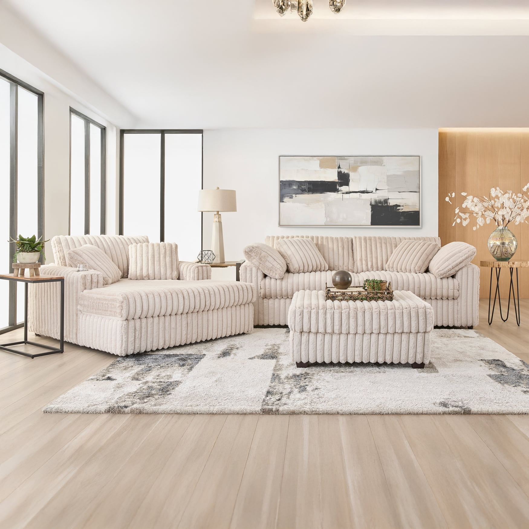 Roundhill Furniture Belvoir 3-Piece Living Room Set, Sofa Cuddle Chaise ...