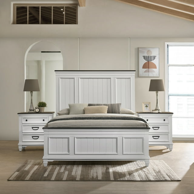 Roundhill Furniture Clelane 3-Piece Wood Bedroom Set, Shiplap Panel Queen Bed and 2 Nightstands ...