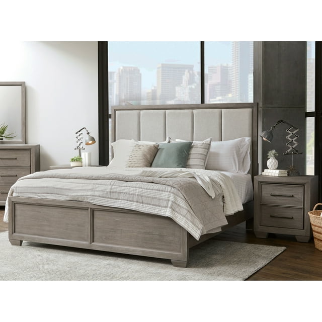 Roundhill Furniture Ennesley 3-Piece Gray Wood Bedroom Set, Upholstered Panel Queen Bed and 2 ...