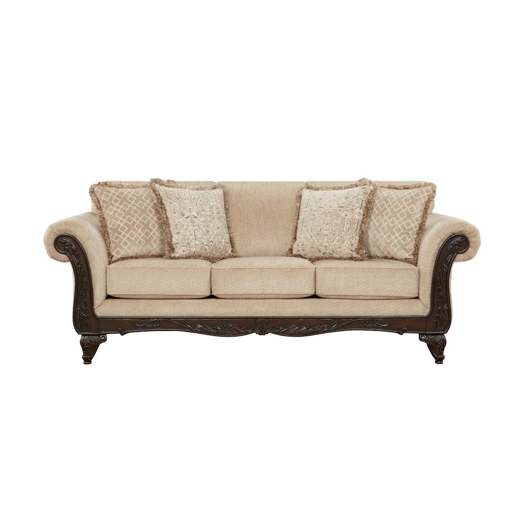 Roundhill Furniture Hernen Carved Wood Frame Sofa, Emma Wheat - Walmart.com