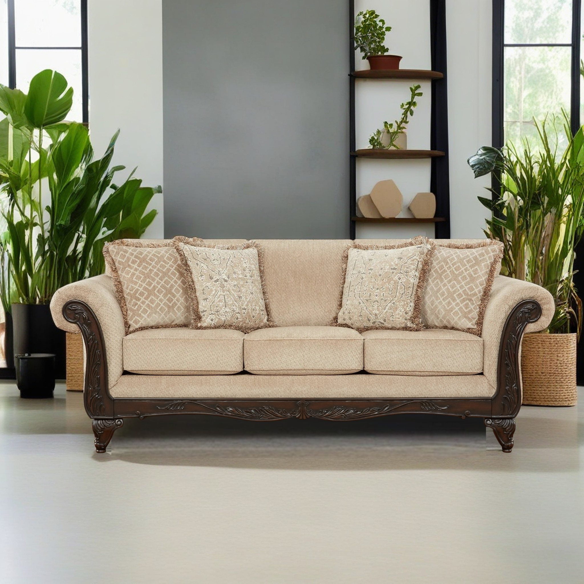 Roundhill Furniture Hernen Carved Wood Frame Sofa, Emma Wheat - Walmart.com