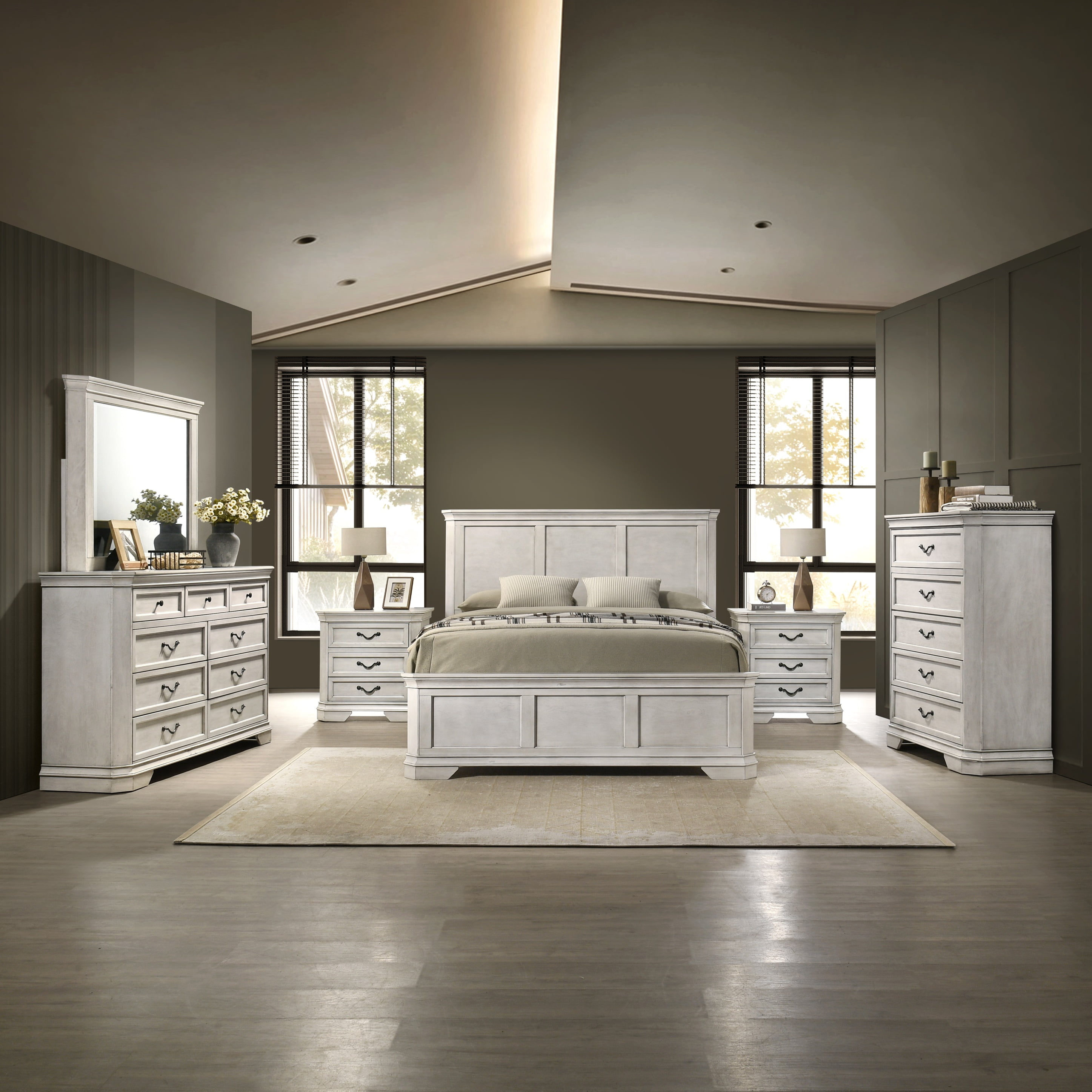 Roundhill Furniture Maderne Wood Panel Bed with Dresser, Mirror, Two ...