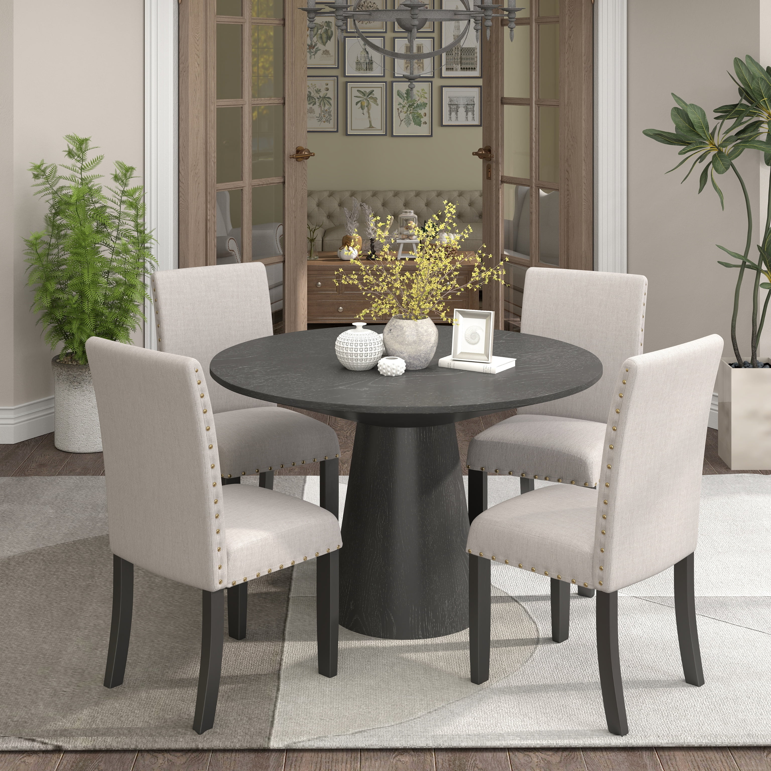 Roundhill Furniture Nuevo 5-Piece Round Dining Set, Pedestal Dining ...