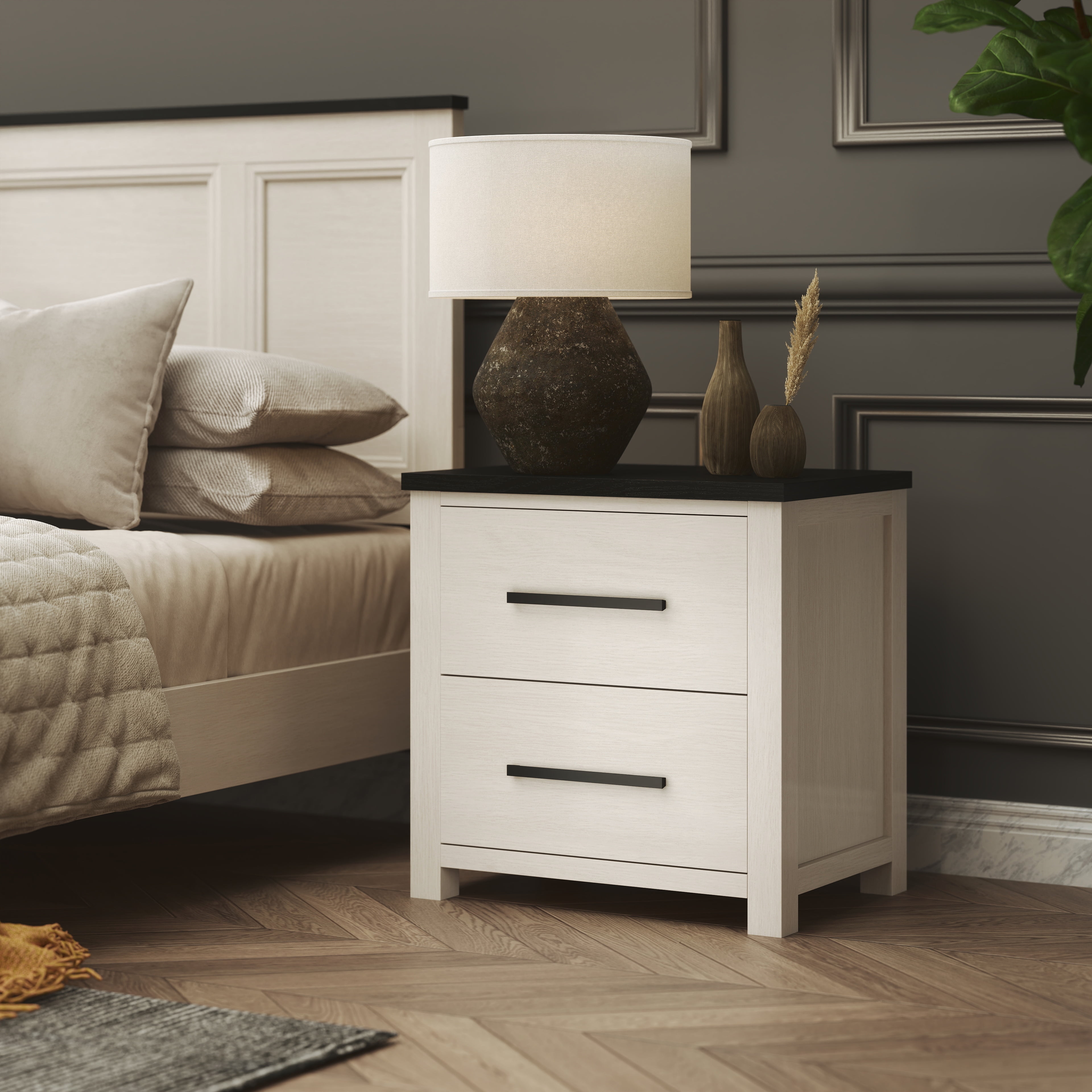 Roundhill Furniture Realynn 2-Drawer Bedroom Nightstand, Off-White ...