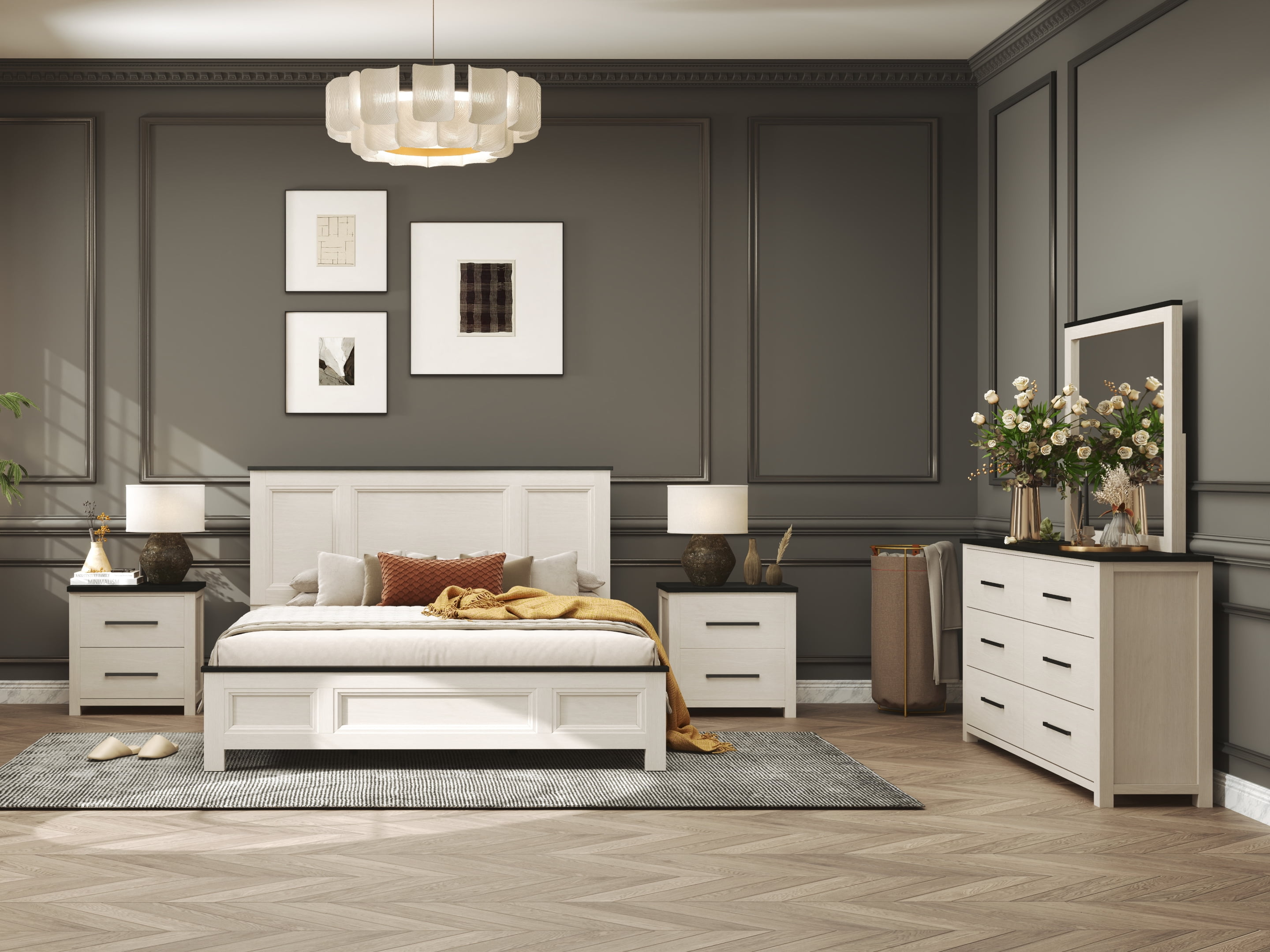 Roundhill Furniture Realynn 5-Piece Wood Bedroom Set, Queen Size Panel ...