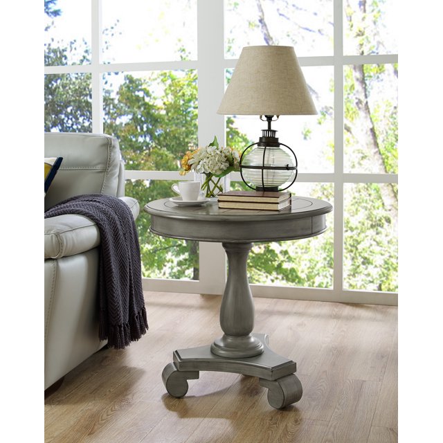 Roundhill Furniture Rene Round Wood Pedestal End Table in Gray ...