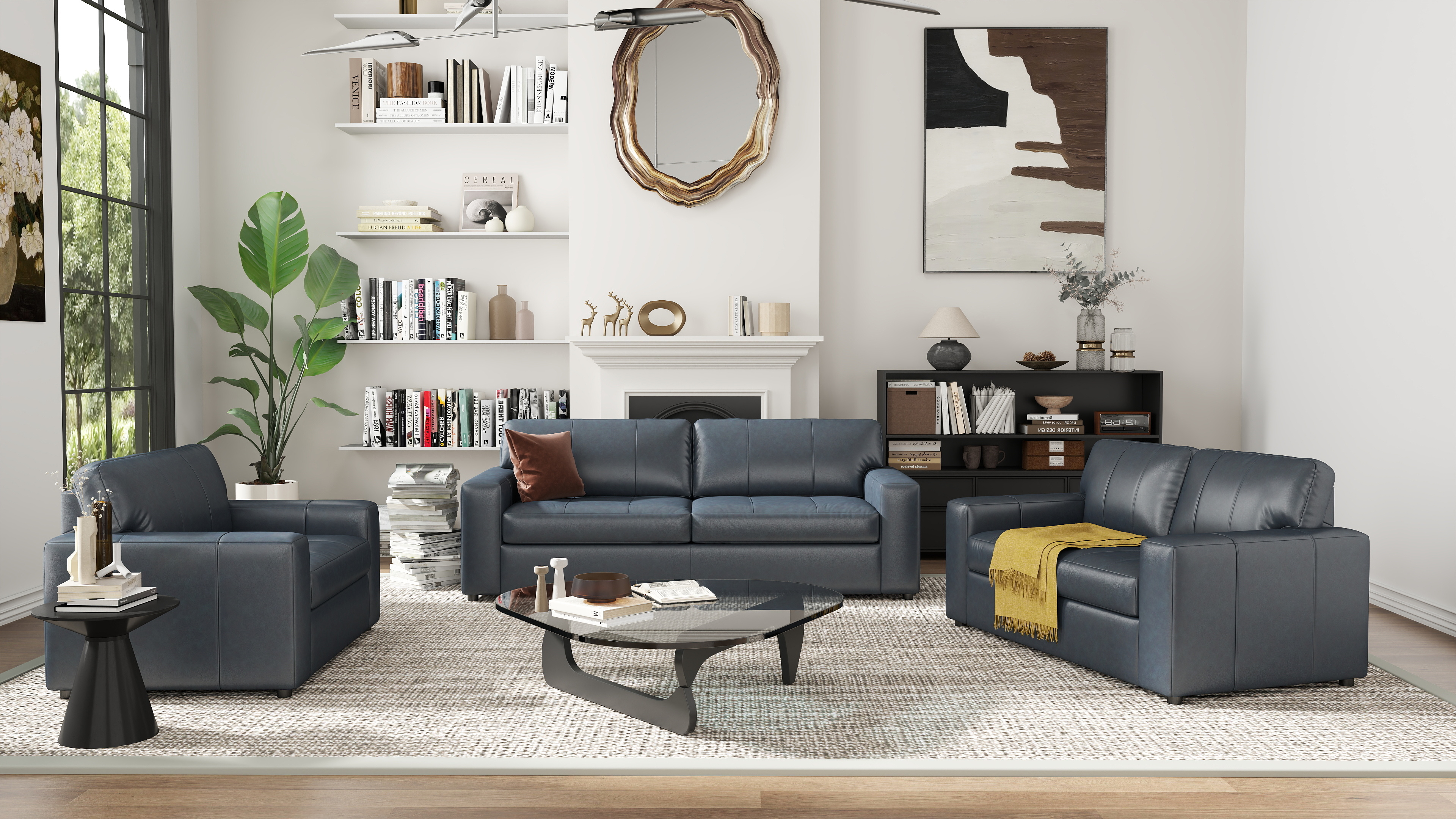 Roundhill Furniture Sakan Leather Upholstered 3-Piece Living Room Set ...