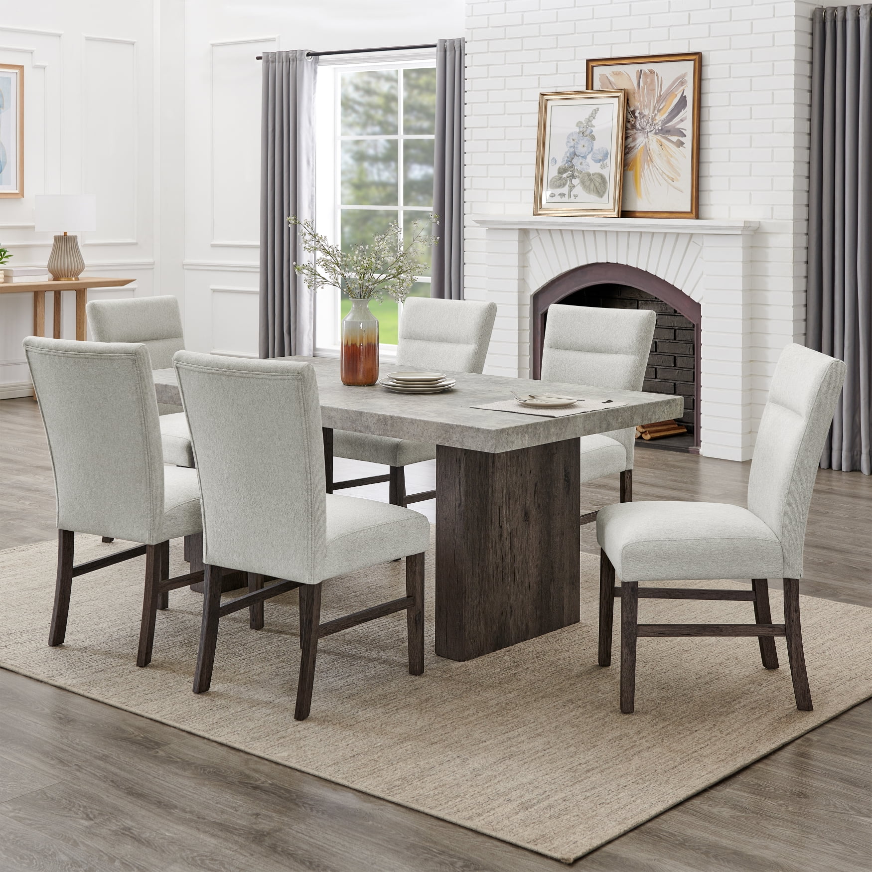 Roundhill Furniture Sorlen Modern 7-Piece Dining Set, 3D Faux Concrete Table with 6 Chairs ...
