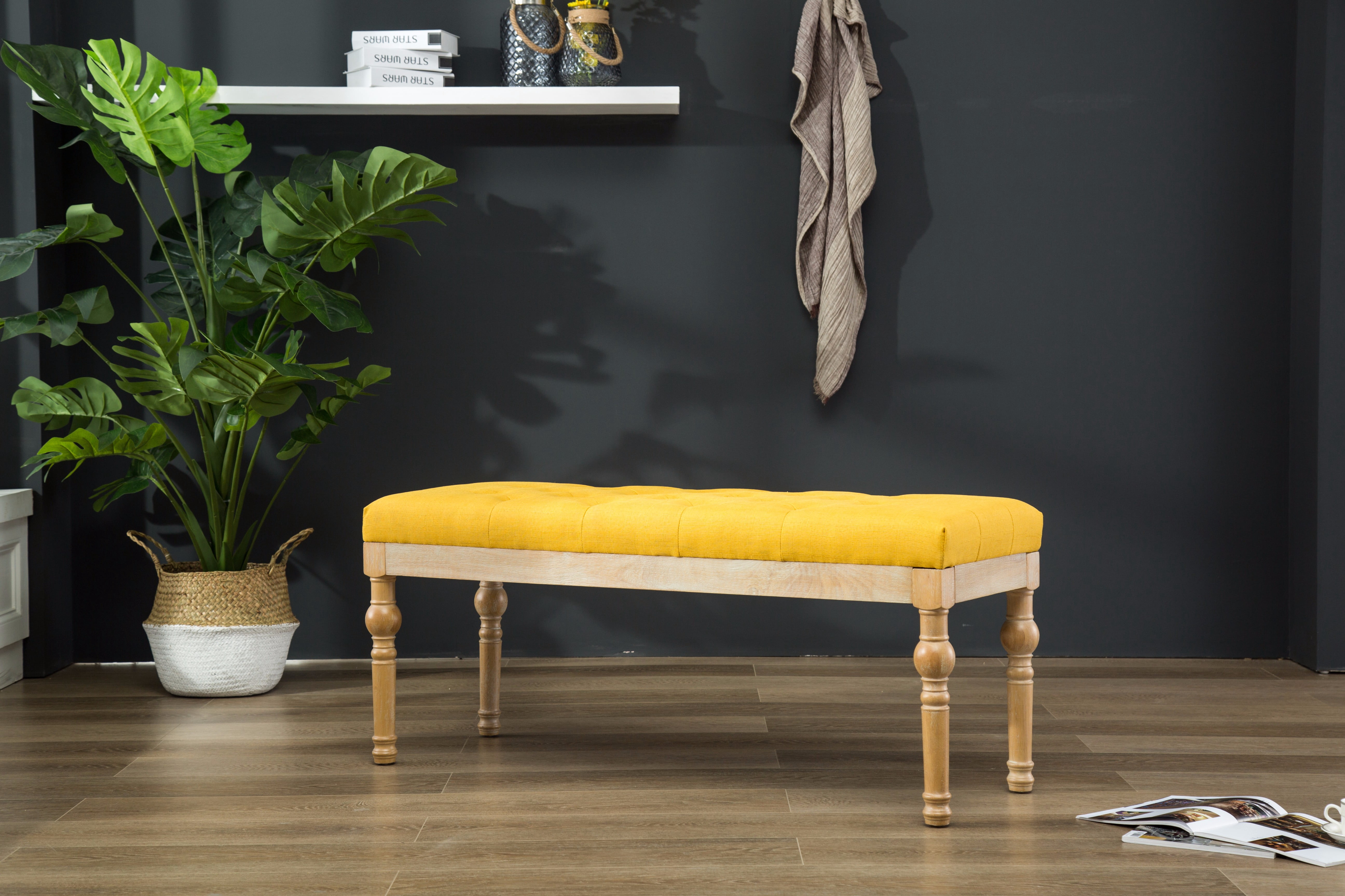 Roundhill Habit Solid Wood Yellow Button Tufted Dining Bench - Walmart.com