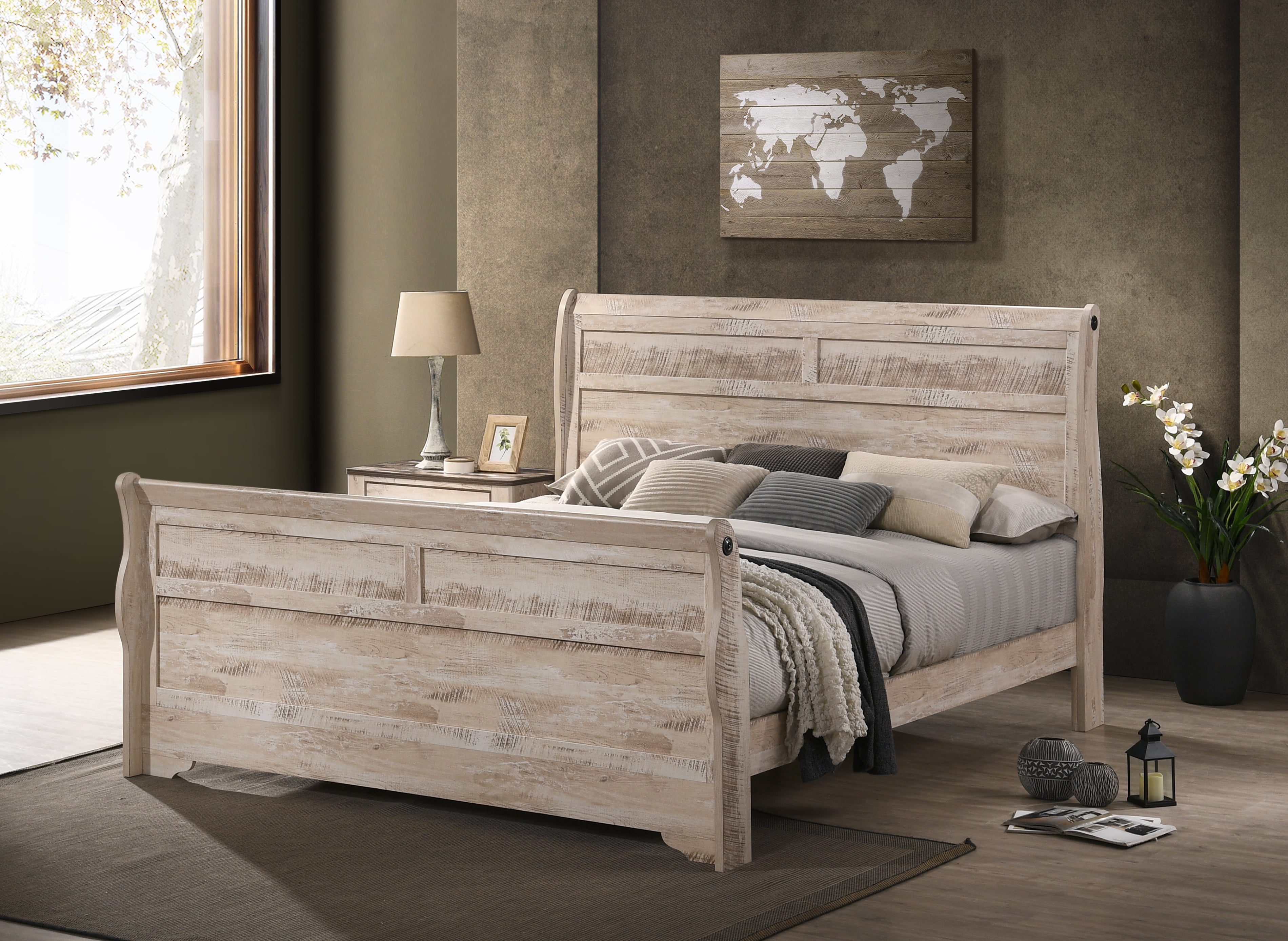 Roundhill Imerland Contemporary White Wash Finish Sleigh Bed, Queen ...
