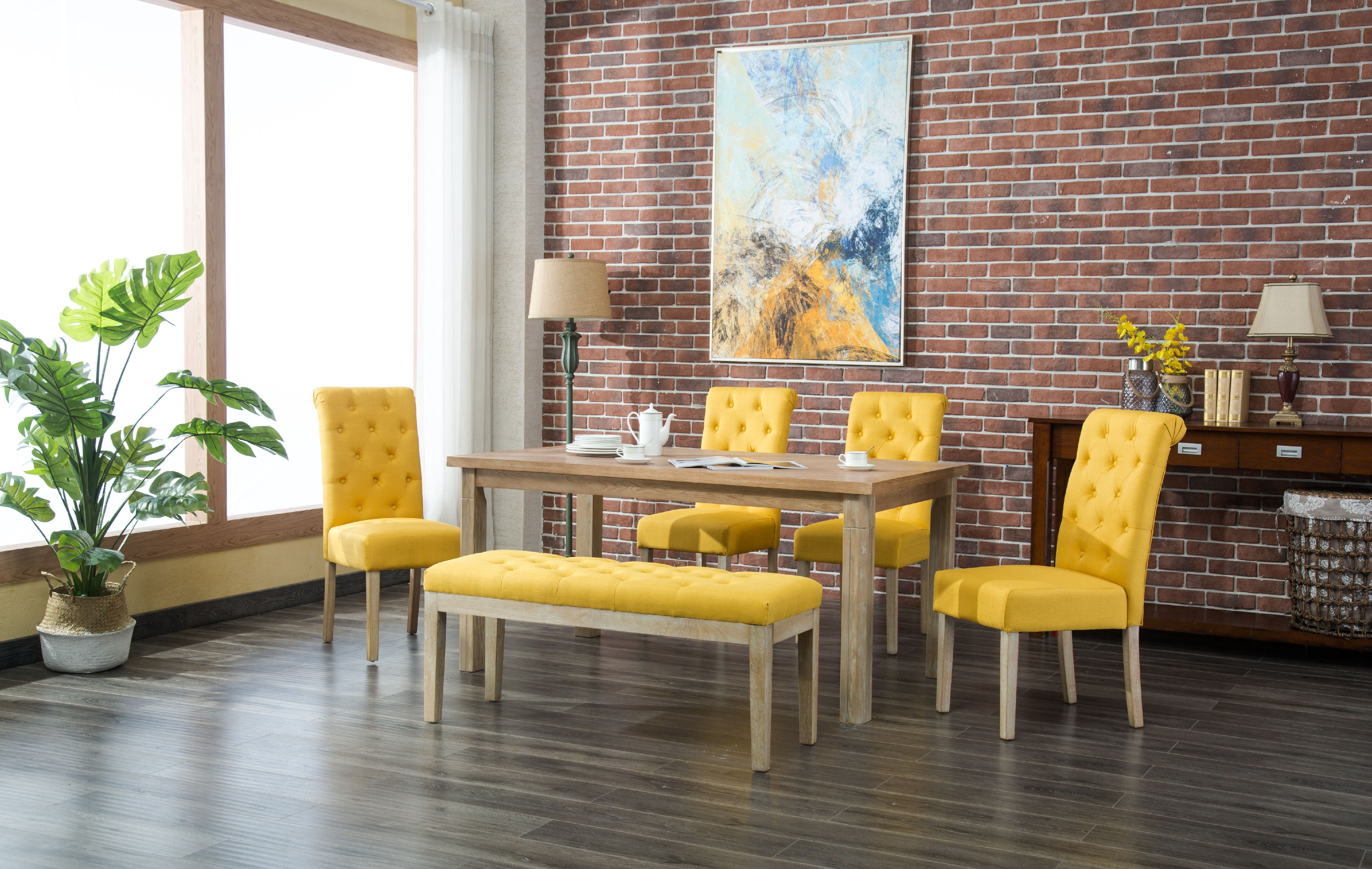 Roundhill Lyon 6-Piece Dining Set-White Wash Dining Table with 4 Yellow ...