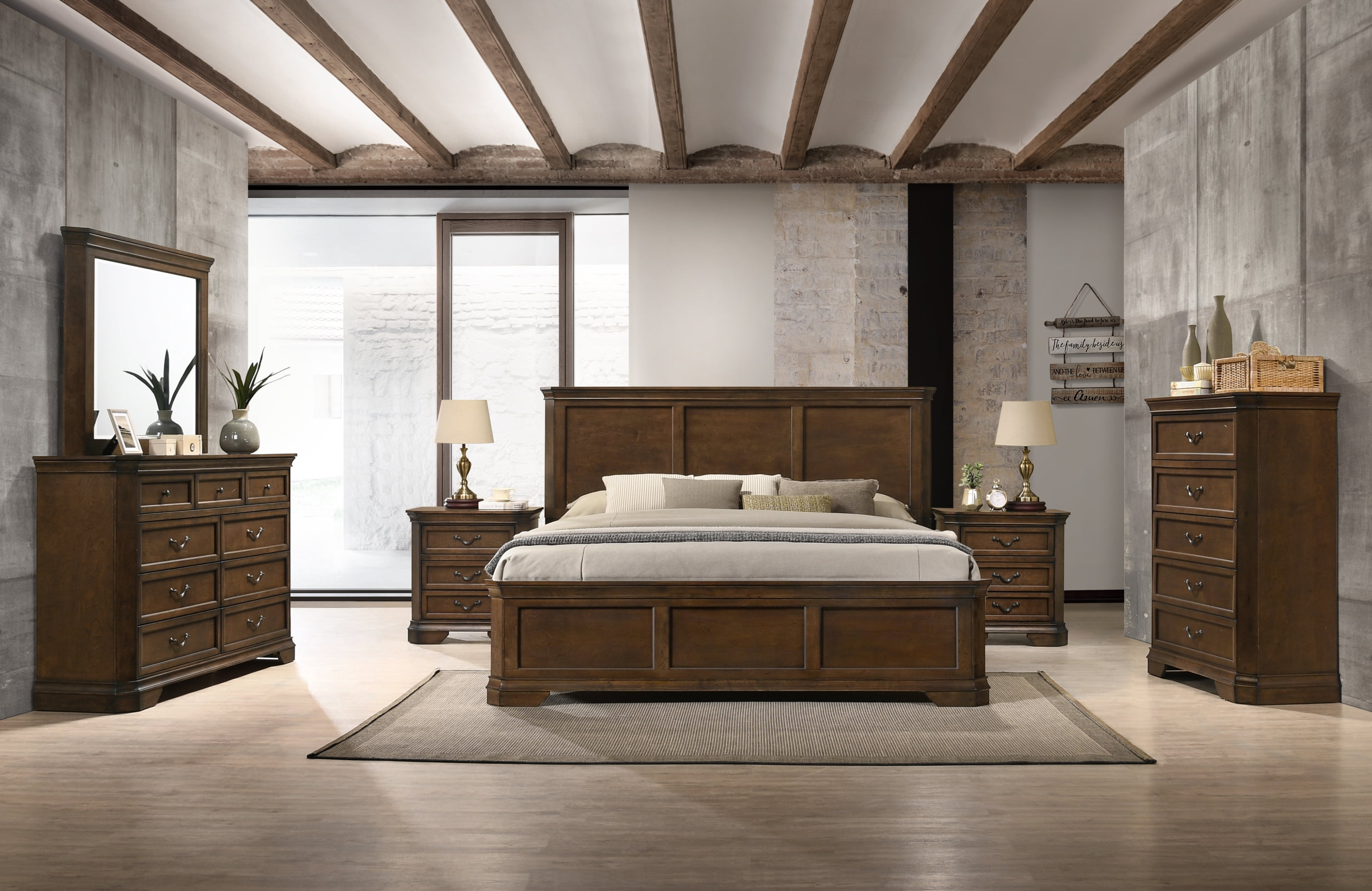 Roundhill Maderne Traditional Antique Walnut Finish 6-Piece Bedroom Set ...