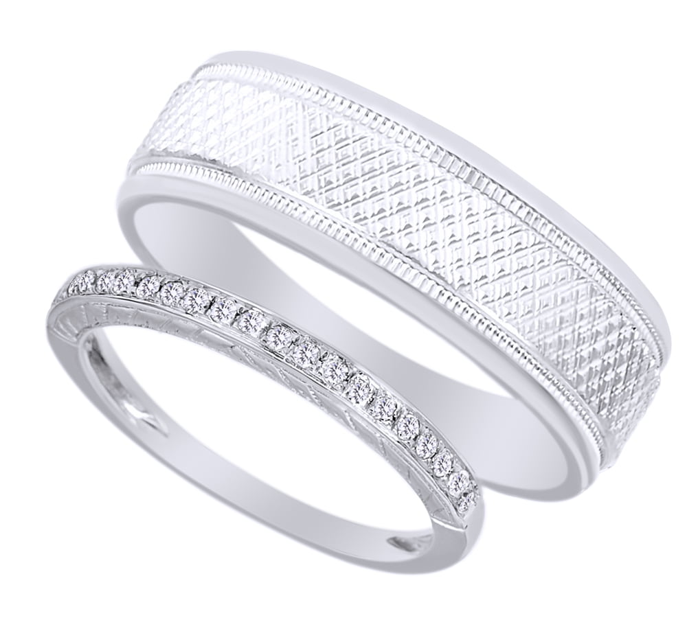 AFFY Rounds Cut White Natural Diamond His And Hers Wedding Band Set in 14K White Gold (0.13 Cttw ...
