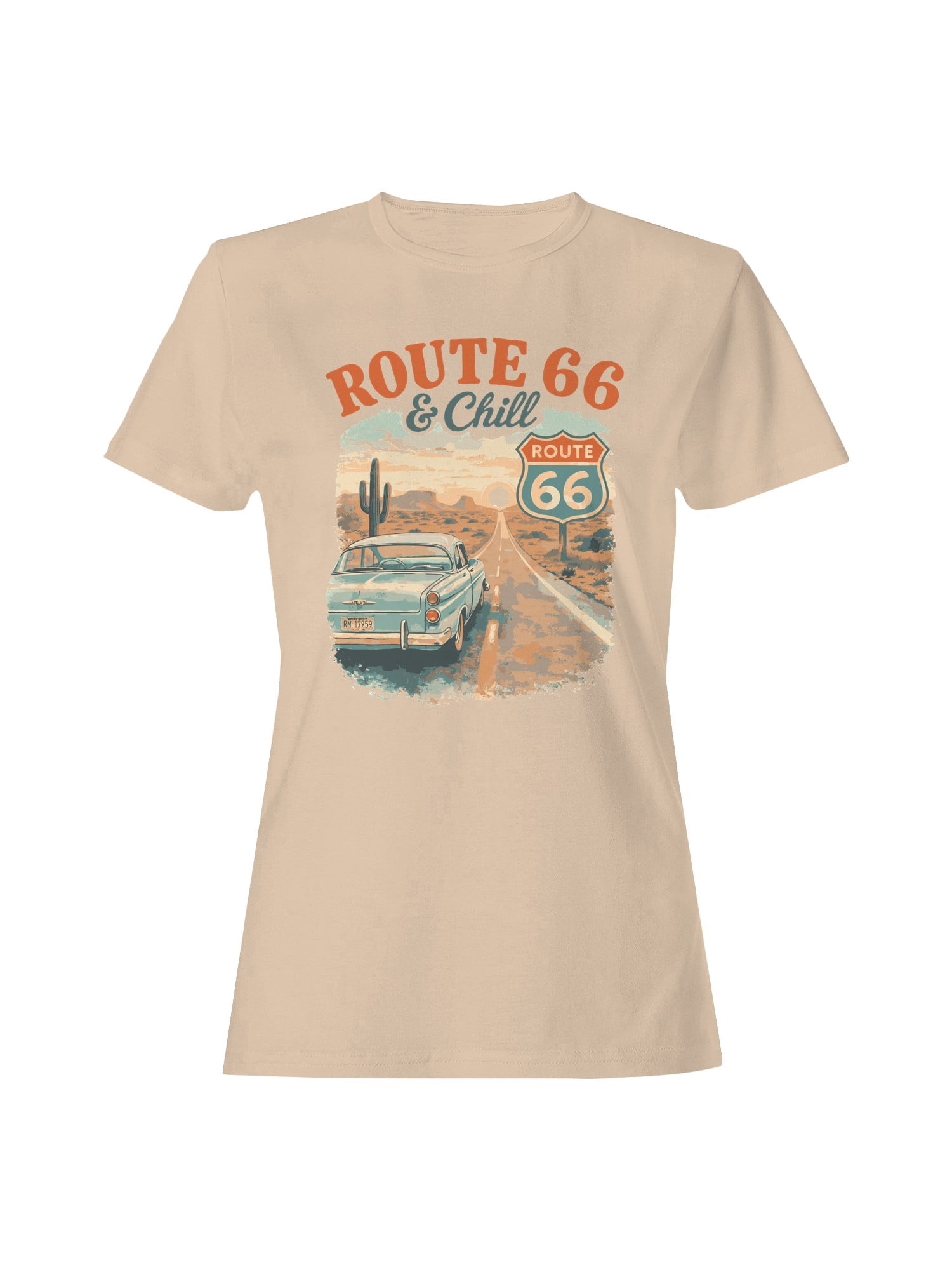 Route 66 & Chill Vintage Vibe Graphic Women's Natural T-Shirt - Walmart.com