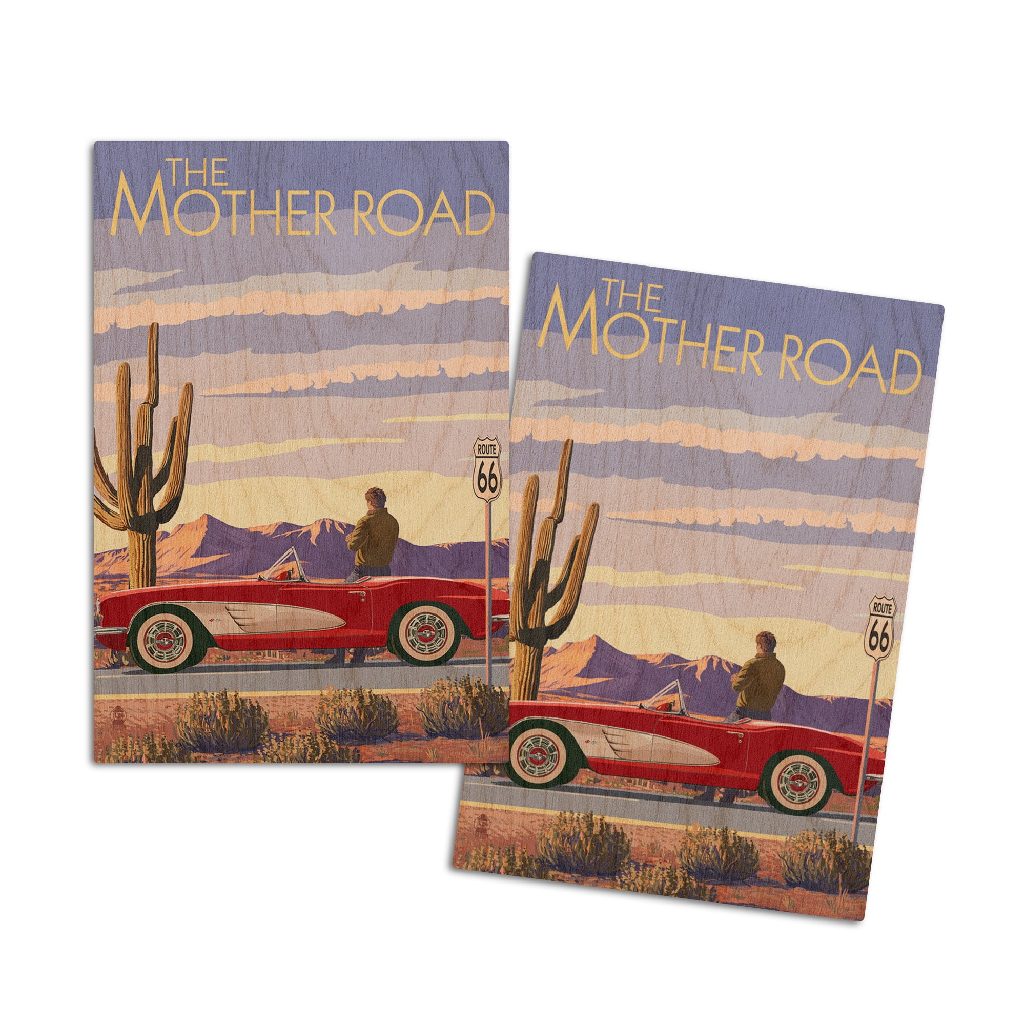 Route 66, Classic Car in Desert (4x6 Birch Wood Postcards, 2-Pack ...