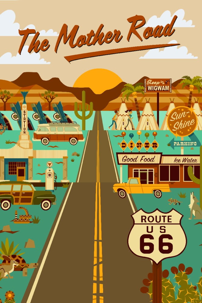 Route 66, Mother Road, Geometric (16x24 Giclee Gallery Art Print, Vivid ...
