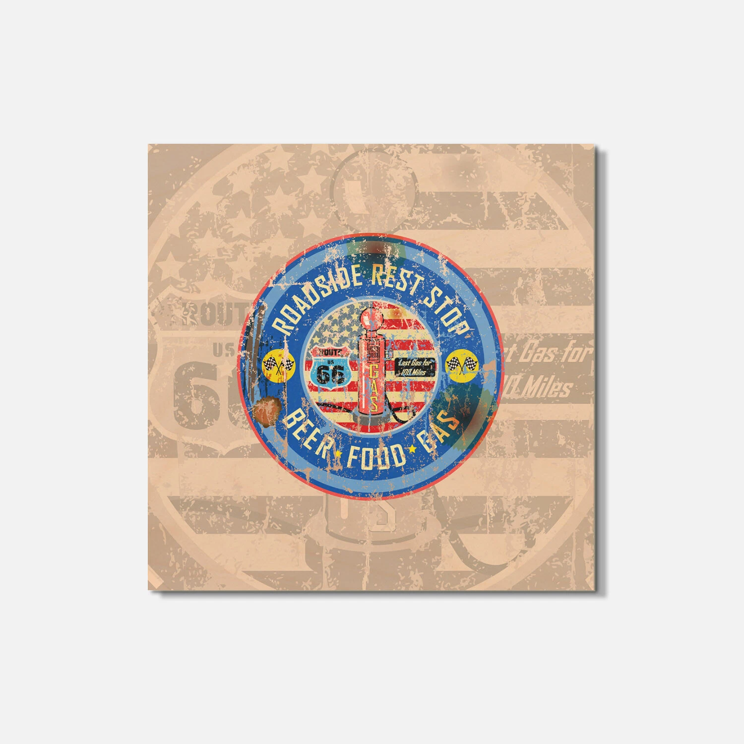 Route 66 Road Bar & Gasoline Grunge Usa 4'' X 4'' Square Wooden Coaster ...