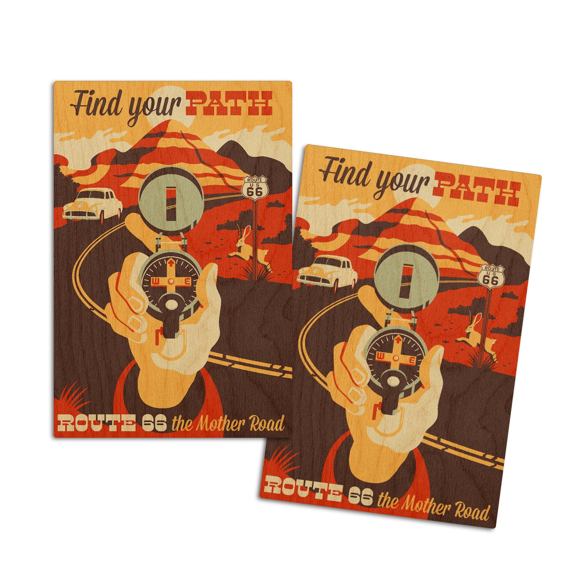 Route 66, The Mother Road, Find Your Path, Compass (4x6 Birch Wood ...