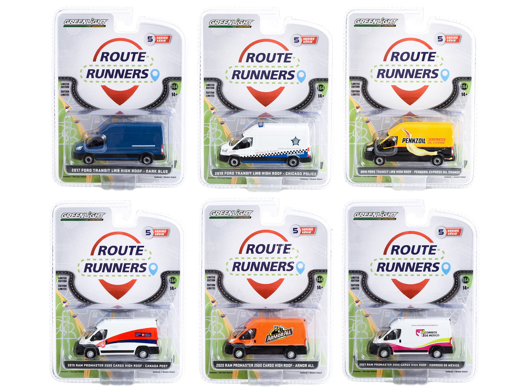 Greenlight Diecast Vehicle: "Route Runners" Set of 6 Vans Series 5 1/64 ...