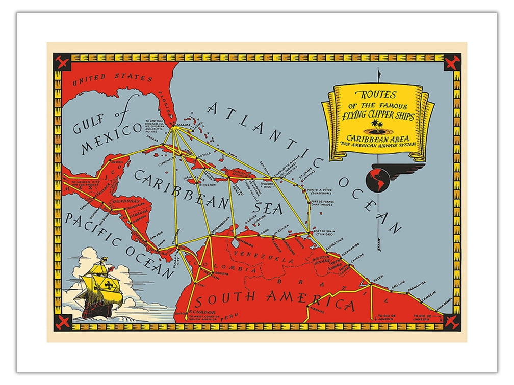 Routes of the Famous Flying Clipper Ships - Caribbean Area - Vintage ...