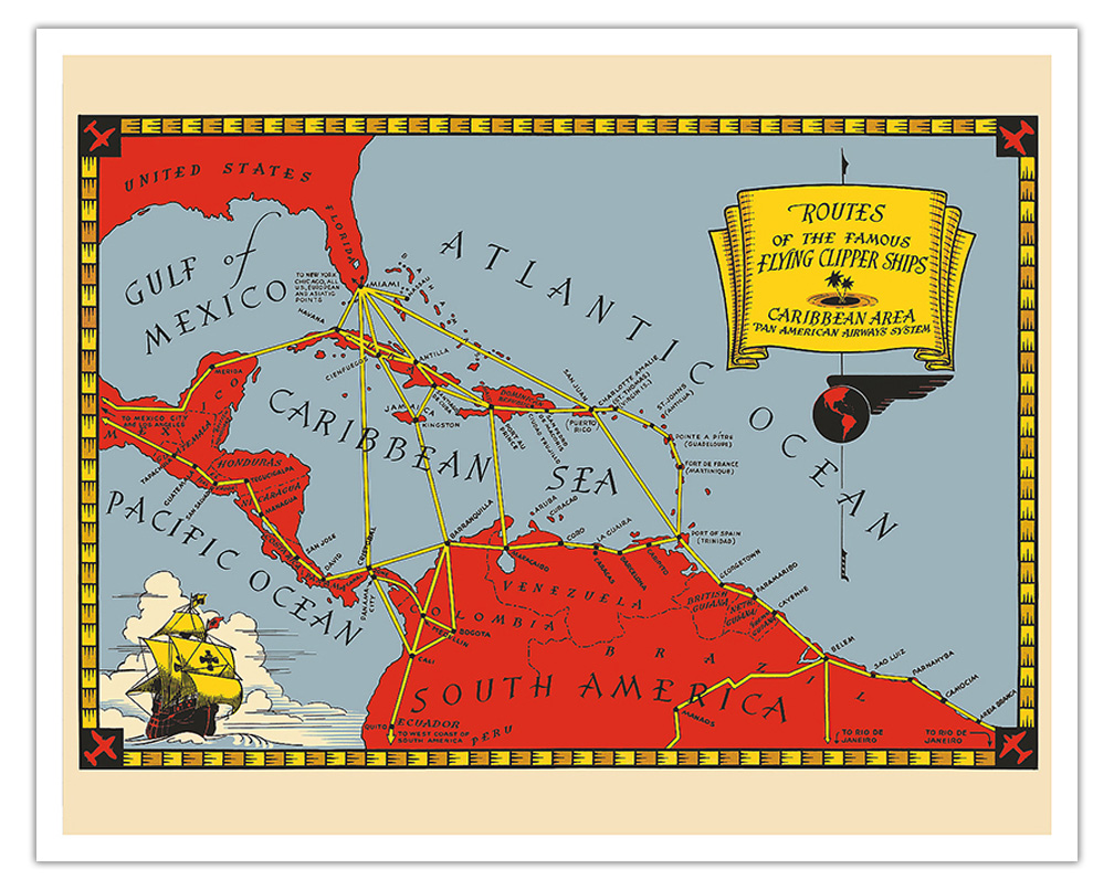 Routes of the Famous Flying Clipper Ships - Caribbean Area - Vintage ...