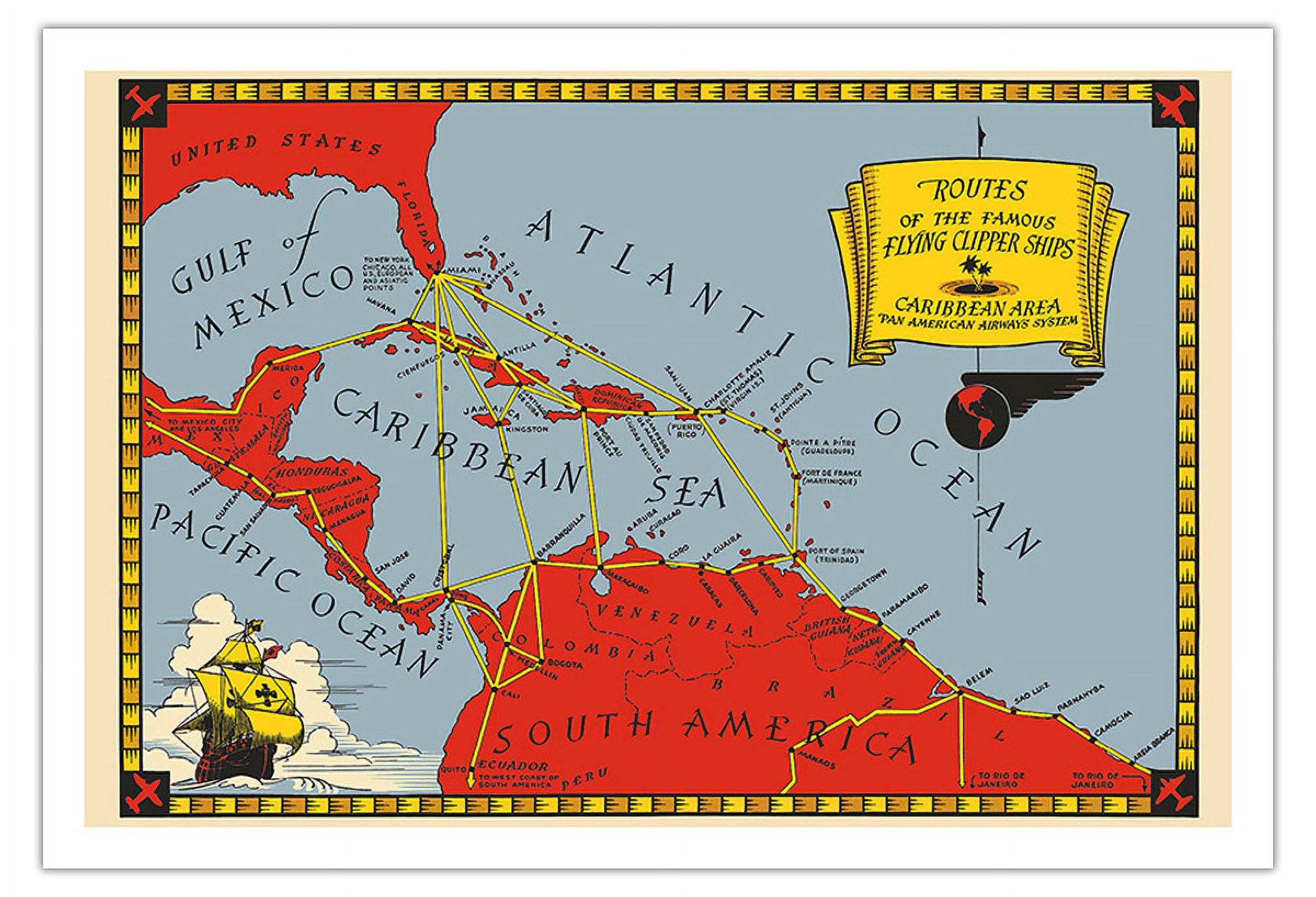 Routes of the Famous Flying Clipper Ships - Caribbean Area - Vintage ...