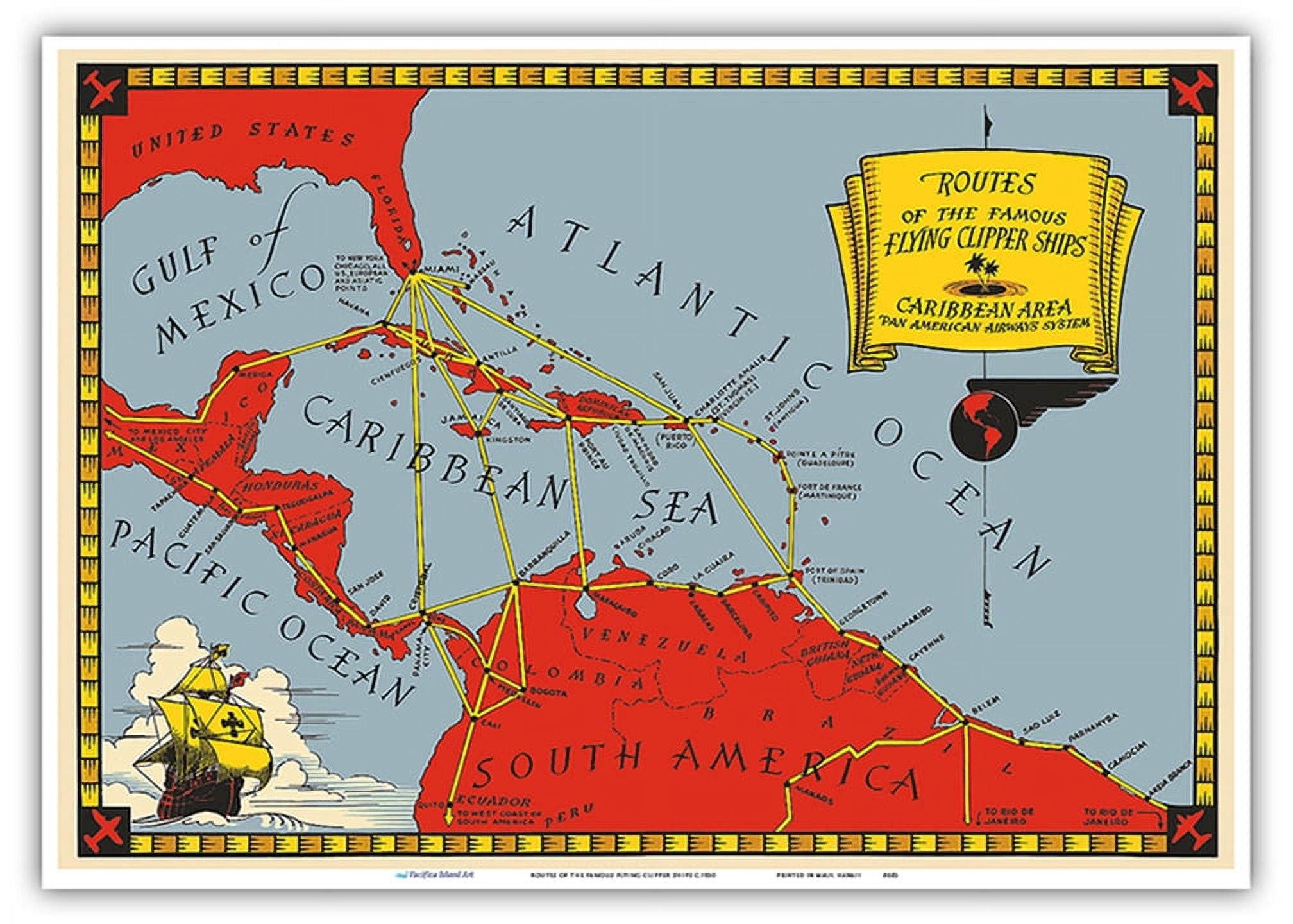 Routes of the Famous Flying Clipper Ships - Caribbean Area - Vintage ...