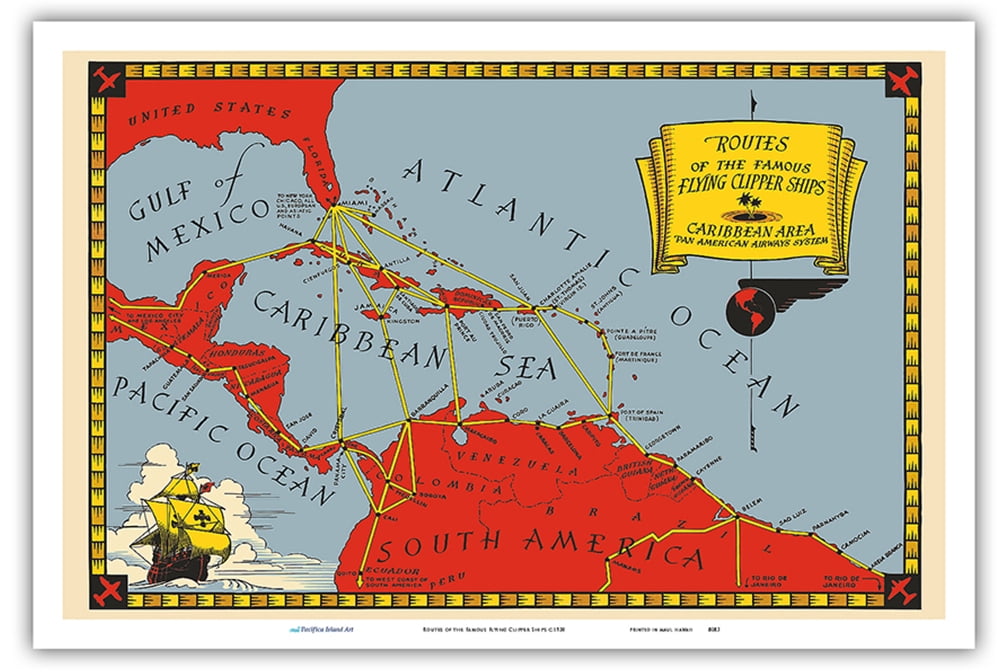 Routes of the Famous Flying Clipper Ships - Caribbean Area - Vintage ...