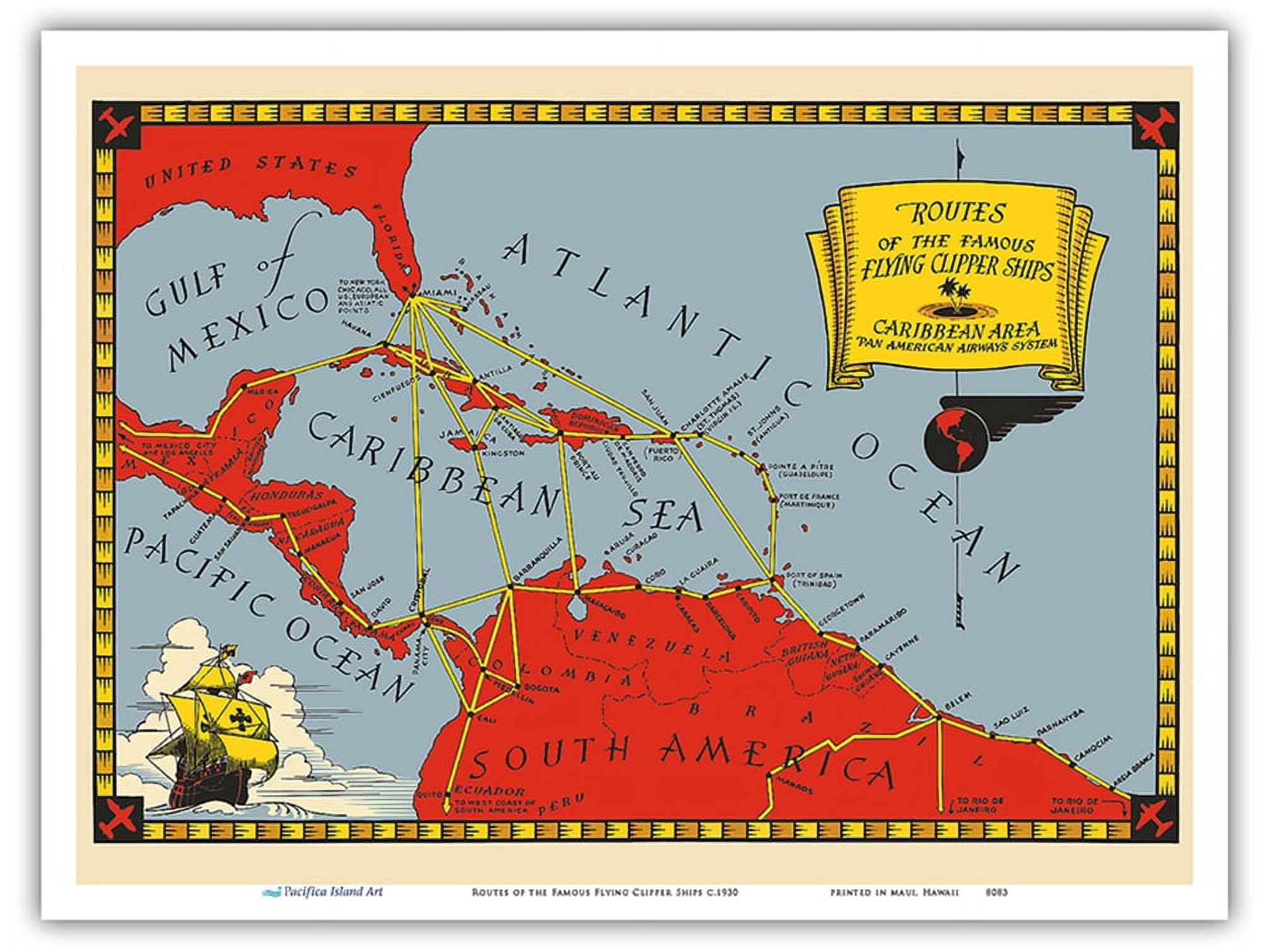 Routes of the Famous Flying Clipper Ships - Caribbean Area - Vintage ...