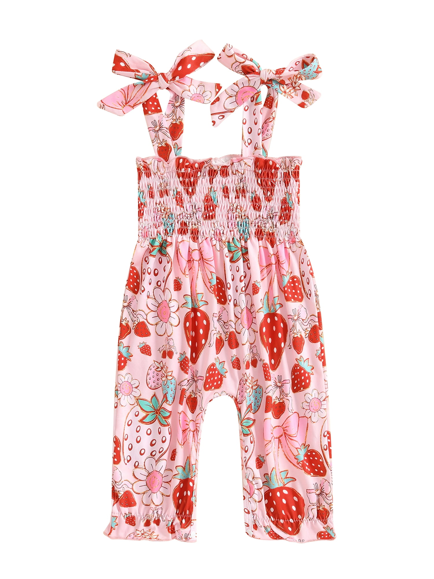 Rovasas Toddler Baby Girl Smocked Overalls Strawberry Tie Shoulder ...
