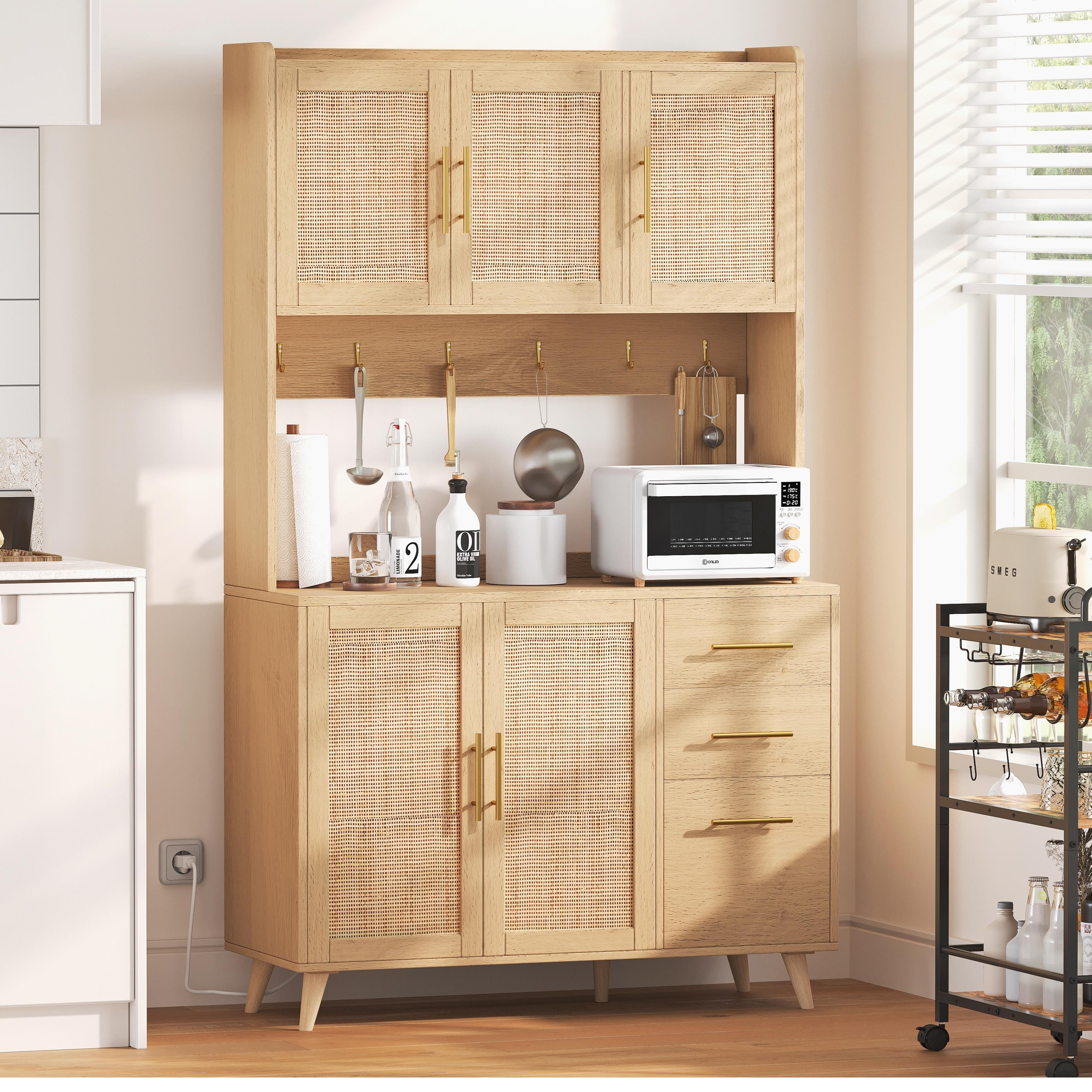 Rovaurx 70.9" Kitchen Pantry Cabinet with Microwave Shelf, Rattan ...
