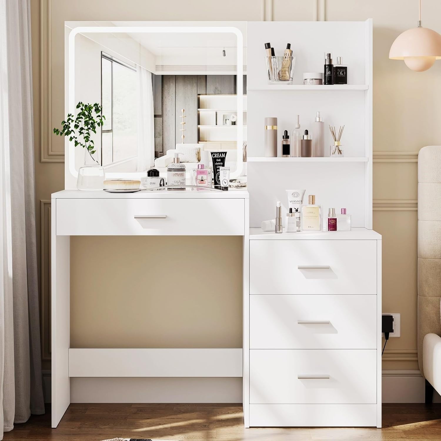Rovaurx Makeup Vanity with 3-Color Dimmable Lighted Mirror, Large ...
