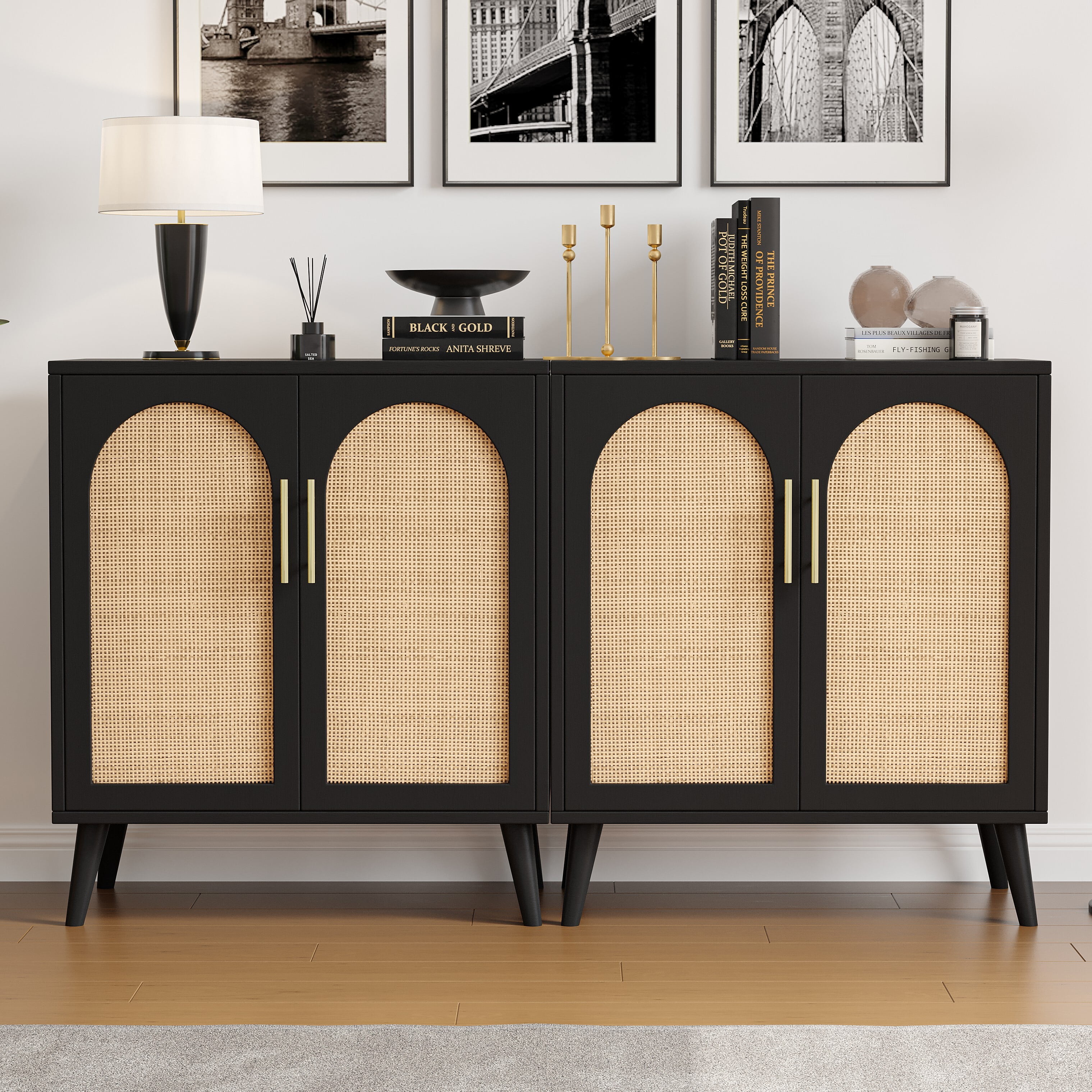 Rovaurx Set of 2 Rattan Cabinets, Modern Sideboard for Living, Dining ...