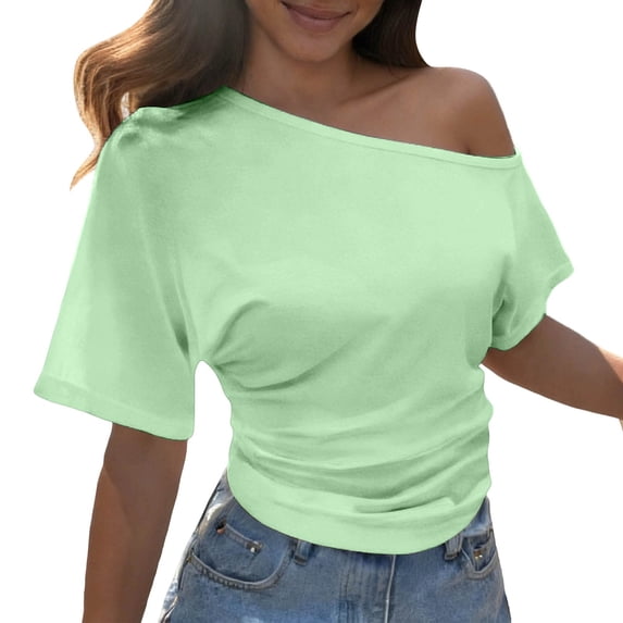 Rove Studio Women’s Asymmetrical Off-Shoulder Top, Solid Color Slim Fit ...