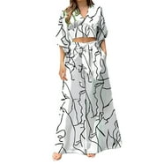 2 Piece Outfits Sets For Women Fashionable V-neck Solid Color Long ...