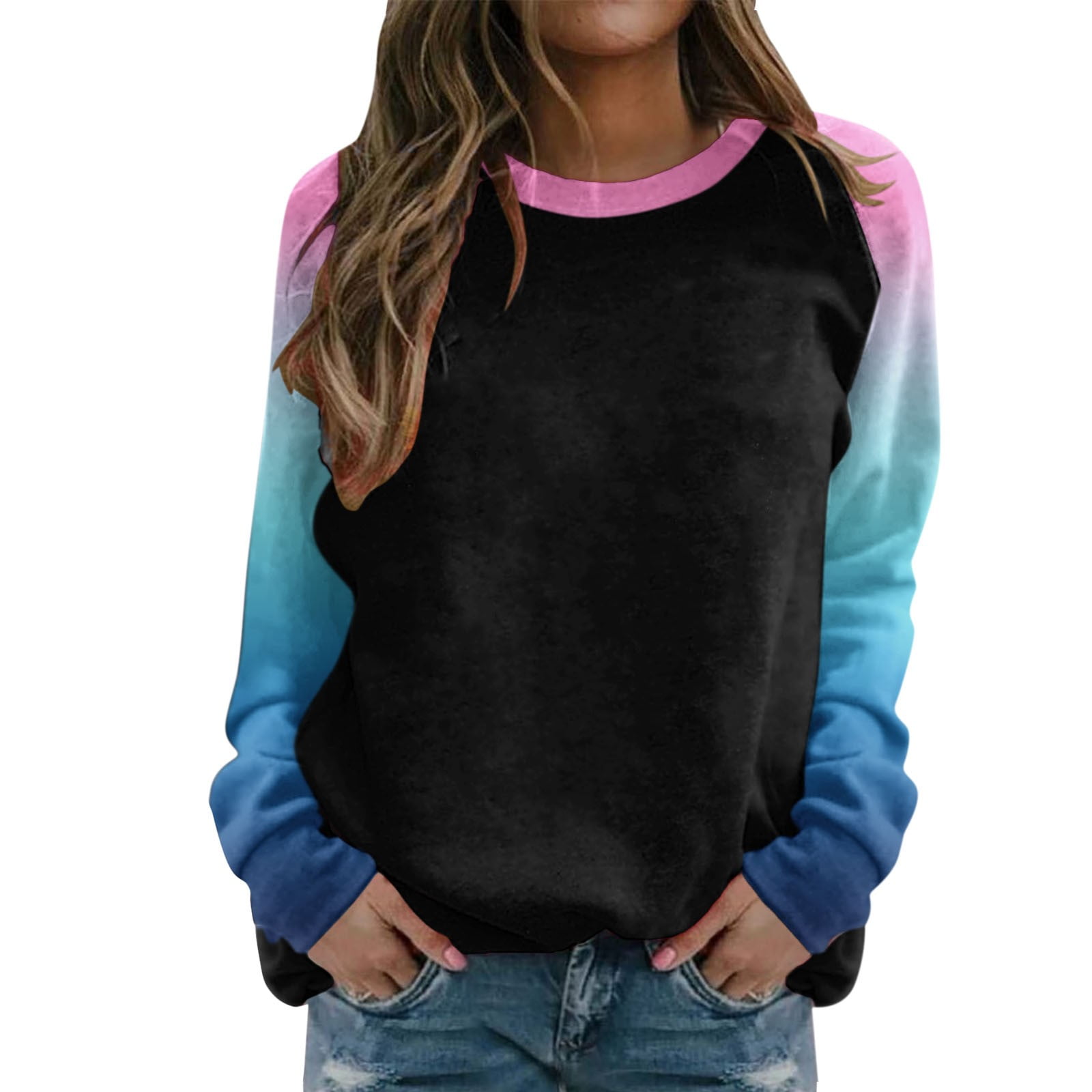 Rovga Flower Tops For Women Sweatshirts Raglan O-Neck Tops Gradient ...
