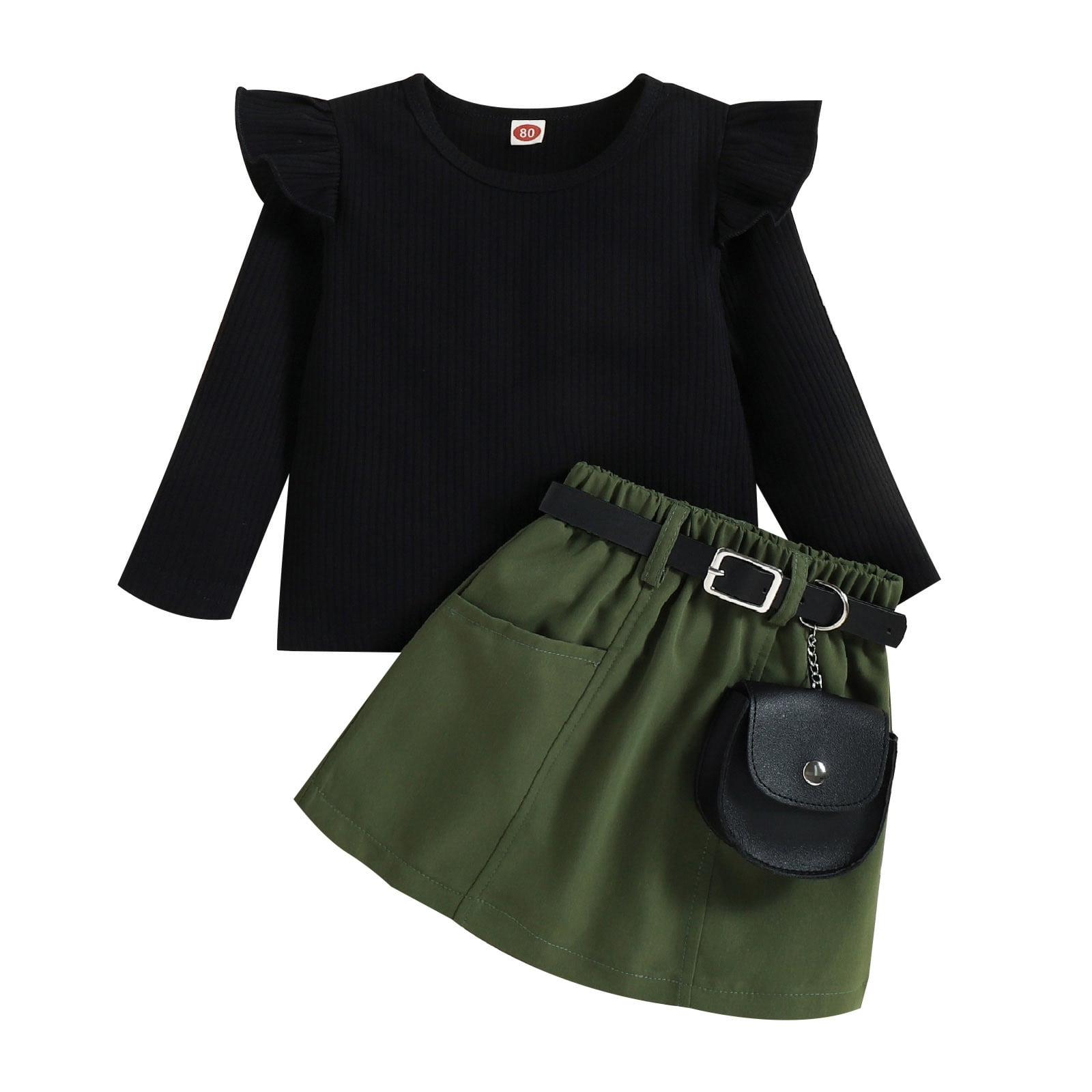 Rovga Girls Outfit Set Ruffles Long Sleeve Ribbed Tops And Skirts Belt ...