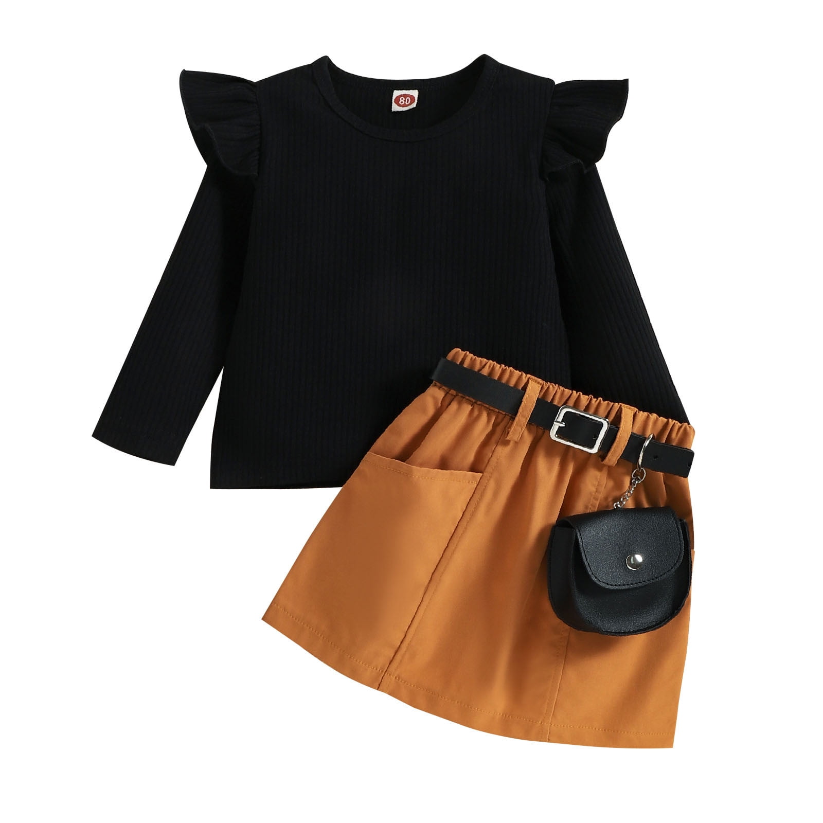 Rovga Girls Outfit Set Ruffles Long Sleeve Ribbed Tops And Skirts Belt ...