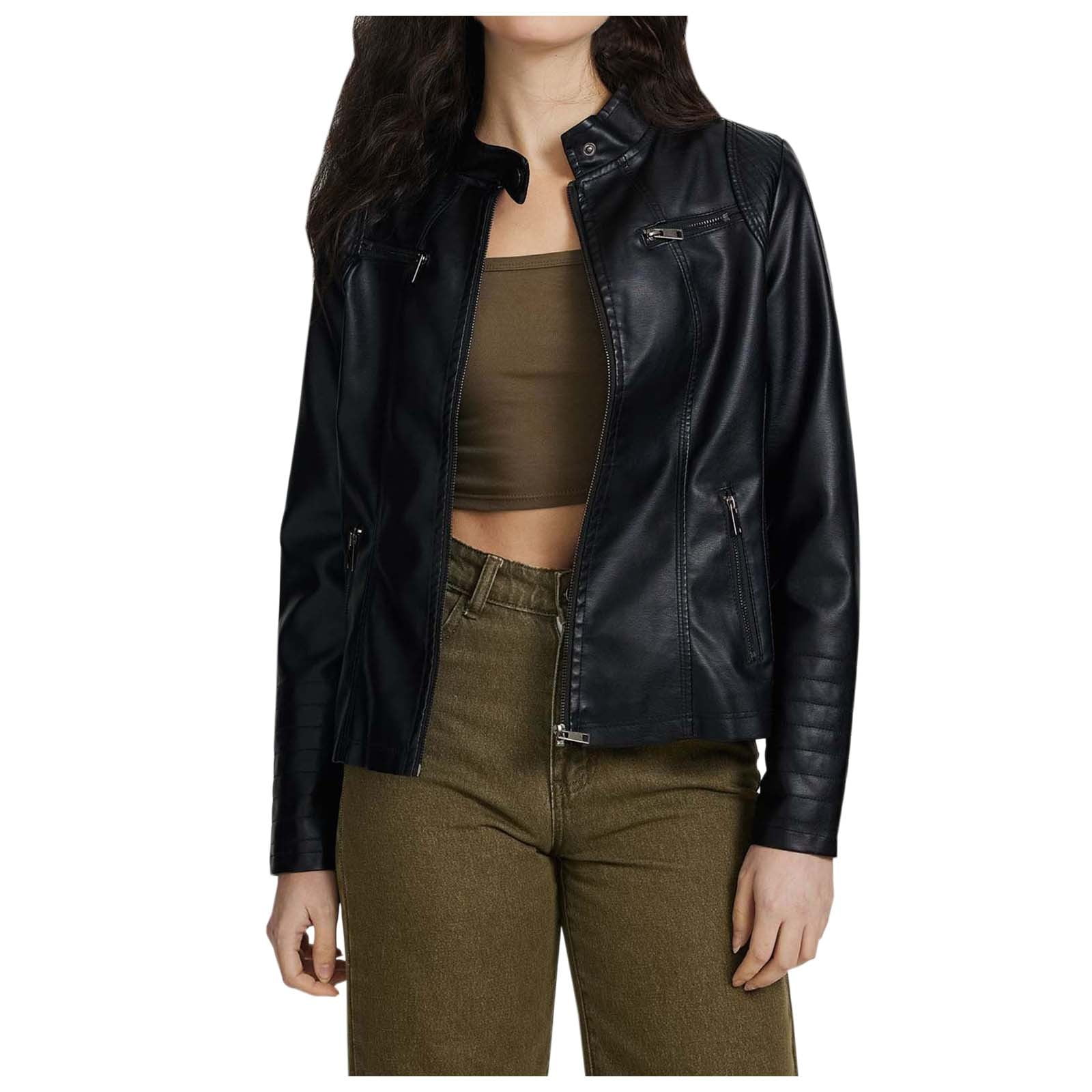 Rovga Jackets For Womens Long Sleeved Leather Jacket Casual Fashion ...