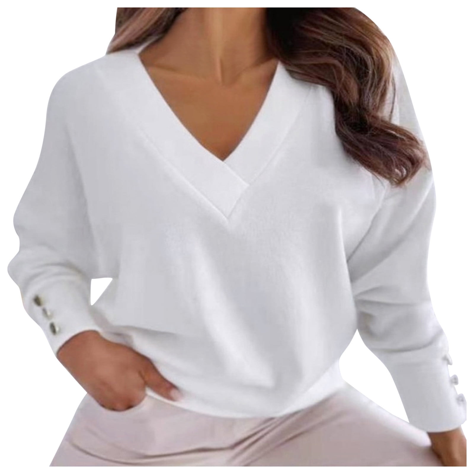 Rovga Ladies Casual Loose Solid Color Buttons V-neck Long Sleeve ...