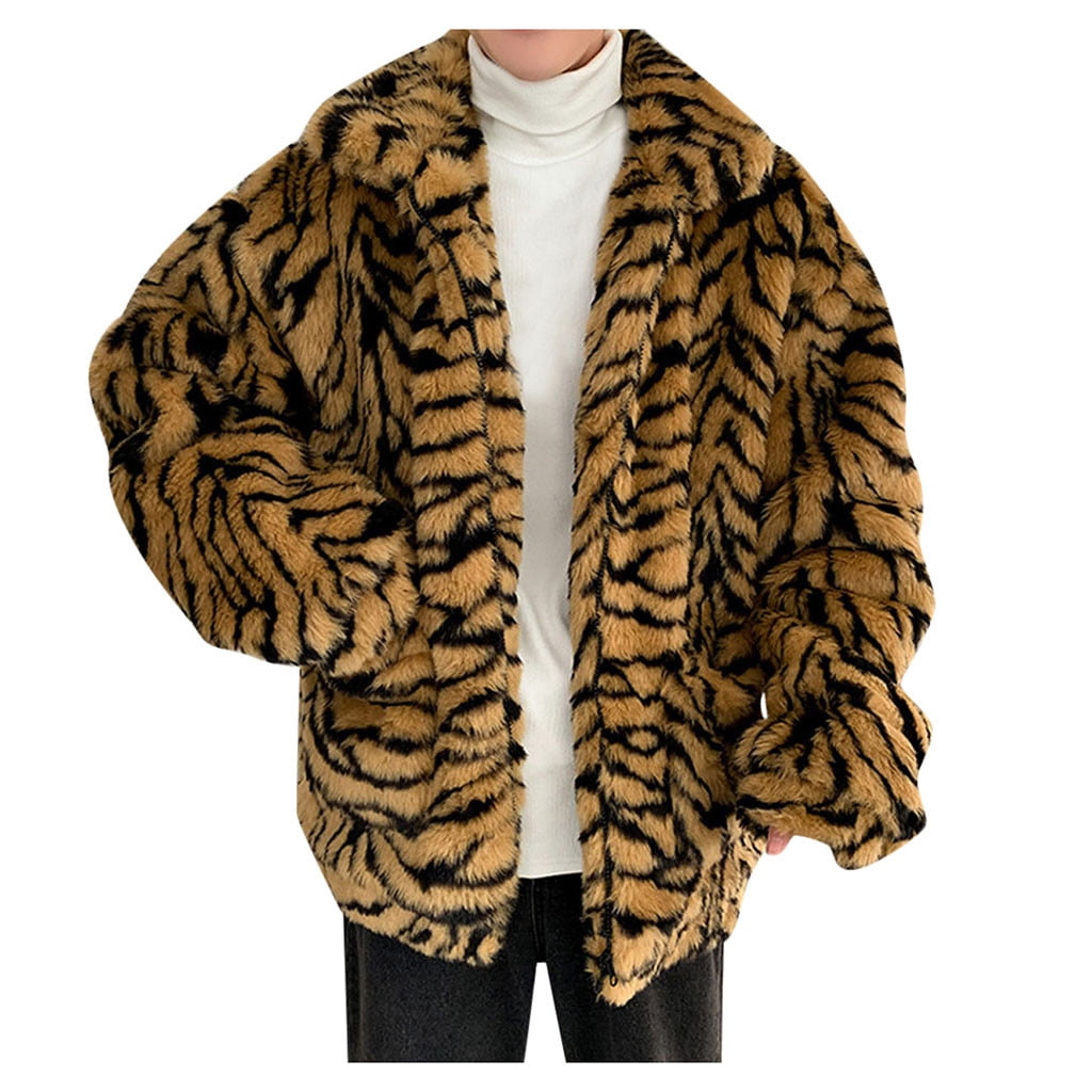 Rovga Men's Leopard Varsity Jacket, Woolen Winter Overcoat with Faux ...
