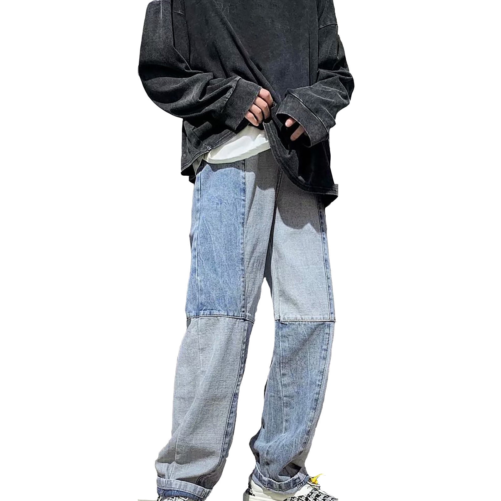 Rovga Mens Pants Loose Patchwork Jeans Wide Leg Jeans Light Loose Fit ...