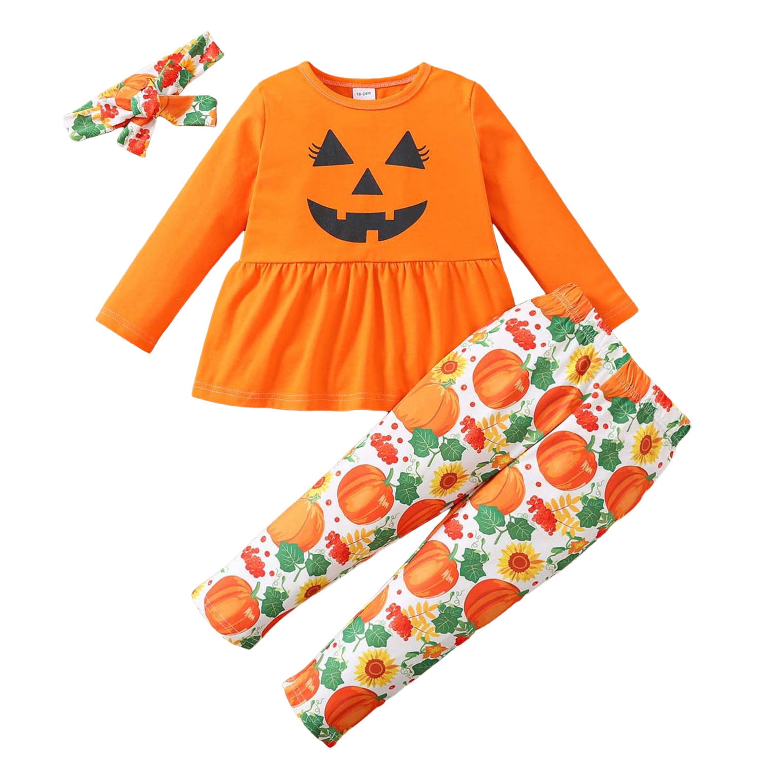 Rovga Outfit For Children Toddler Girls Long Sleeve Pumpkin Prints Ruffles Tops Pants Headbands ...