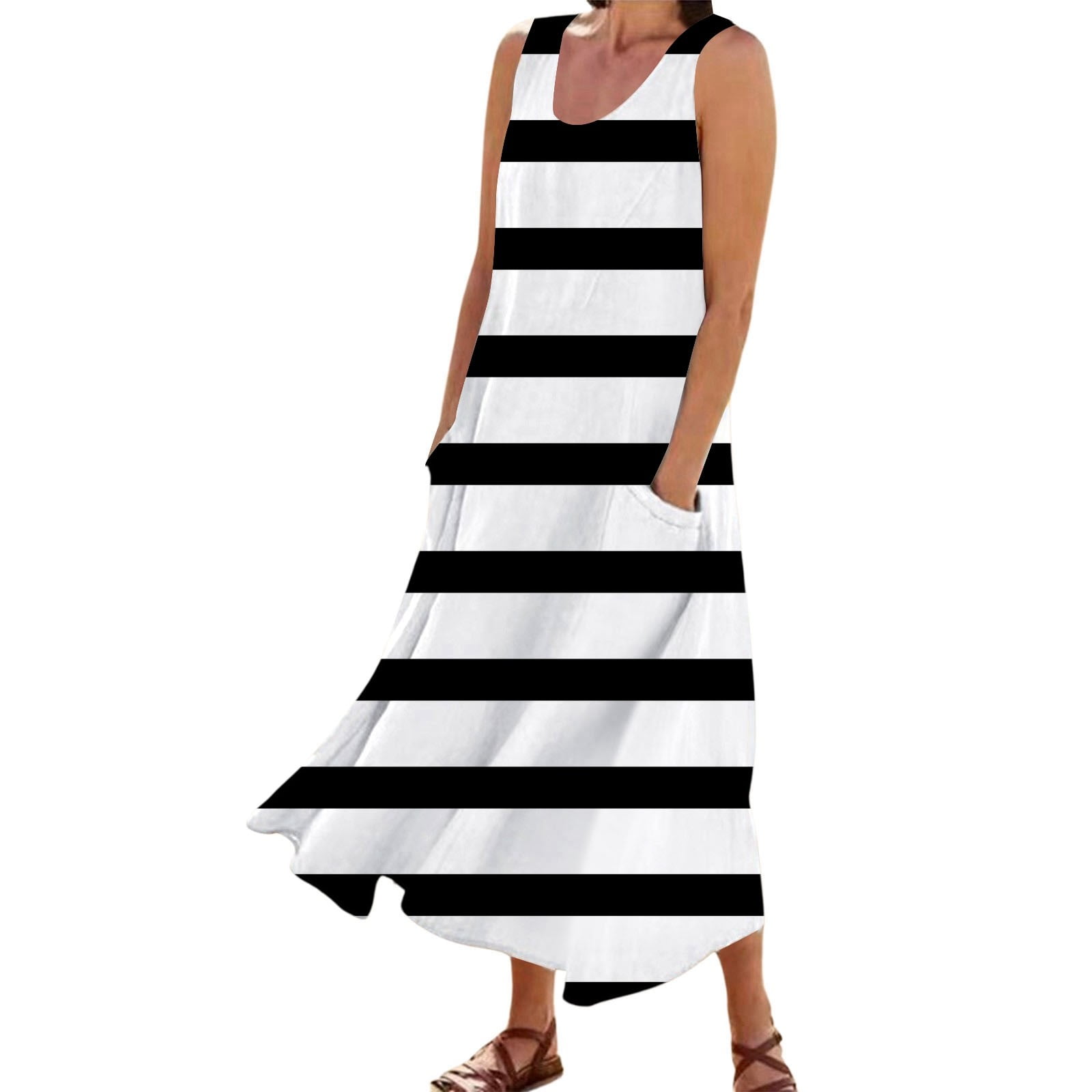 Rovga Summer Dress Ladies E Crew Neck Butterfly Print Cuffless Pocket ...