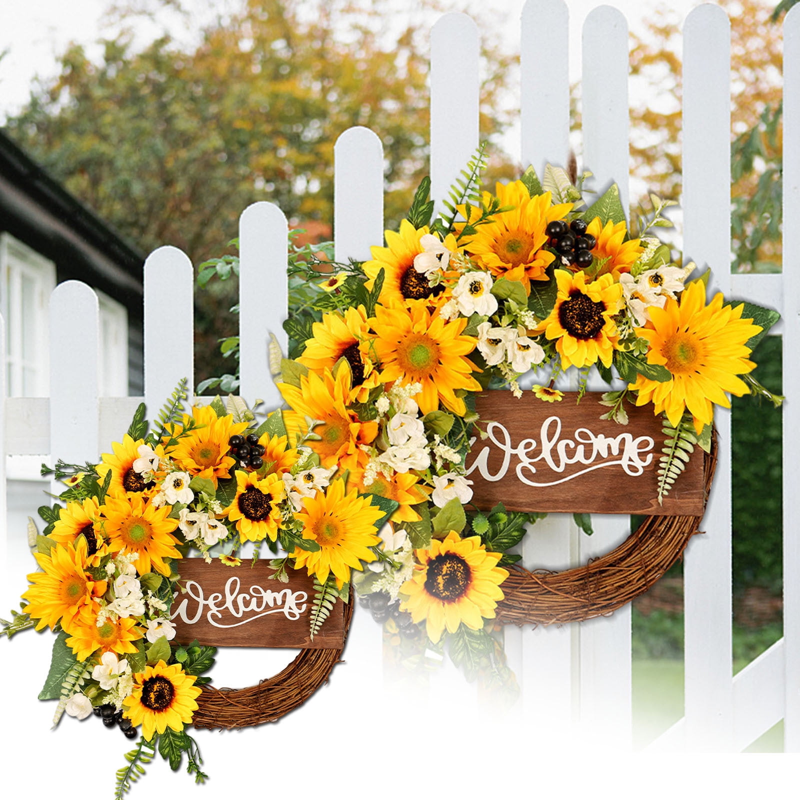 Rovga Wood Round Hello Welcome Wreath Sign Hanging Decoration Front ...
