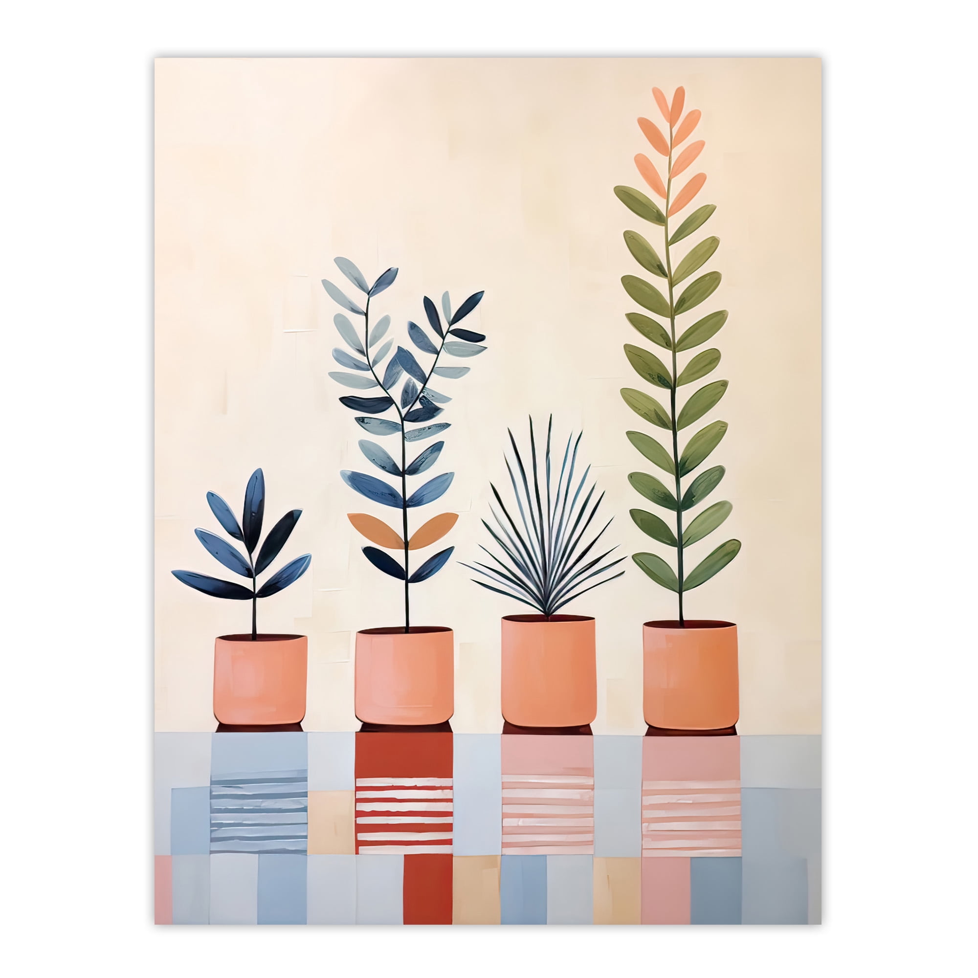 Row of Leafy Potted Plants Pastel Colour Pink Blue Green Botanical Oil ...