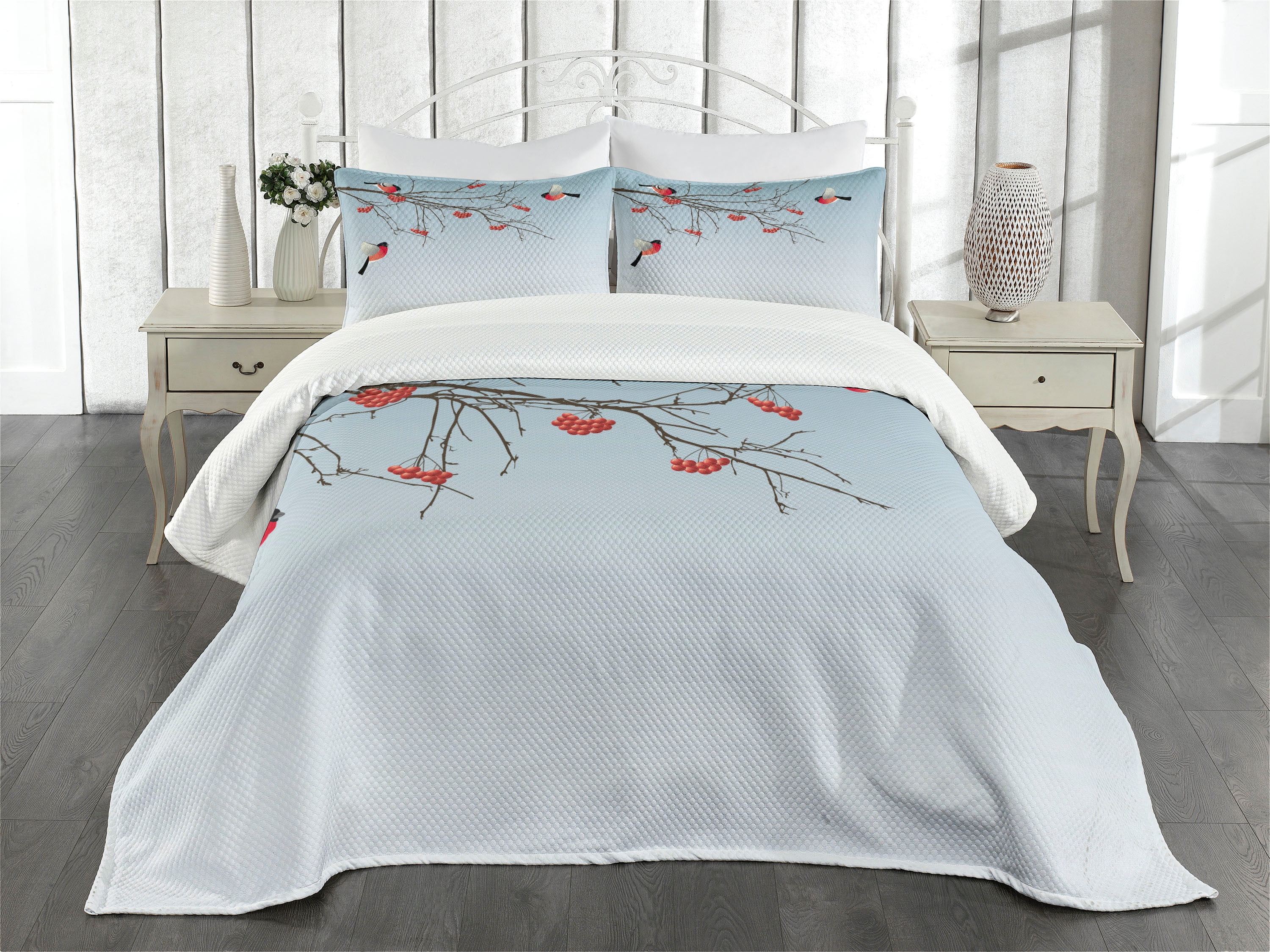 Rowan Bedspread, Bullfinch Birds Flying and on Branches Winter Themed ...