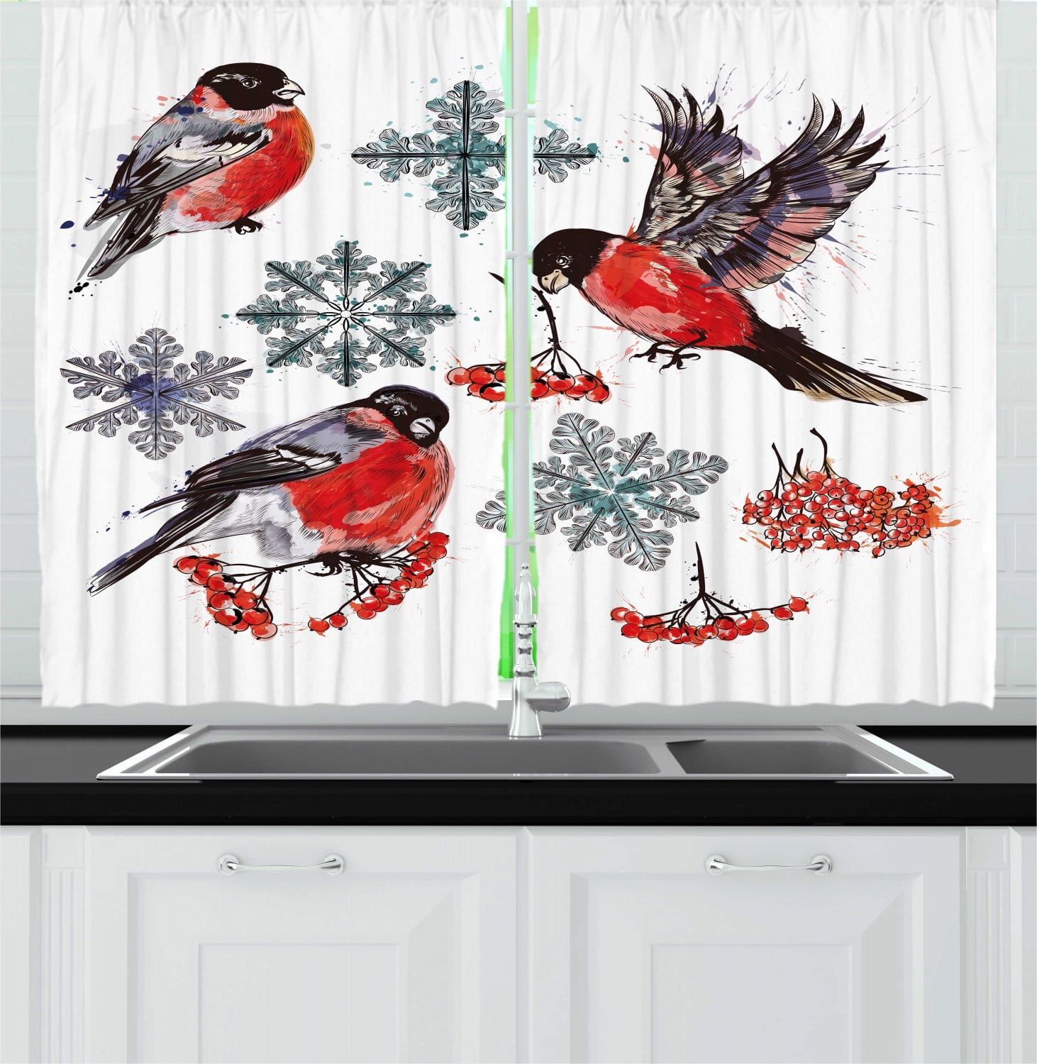 Rowan Curtains 2 Panels Set Christmas Collection Of Bullfinch Birds